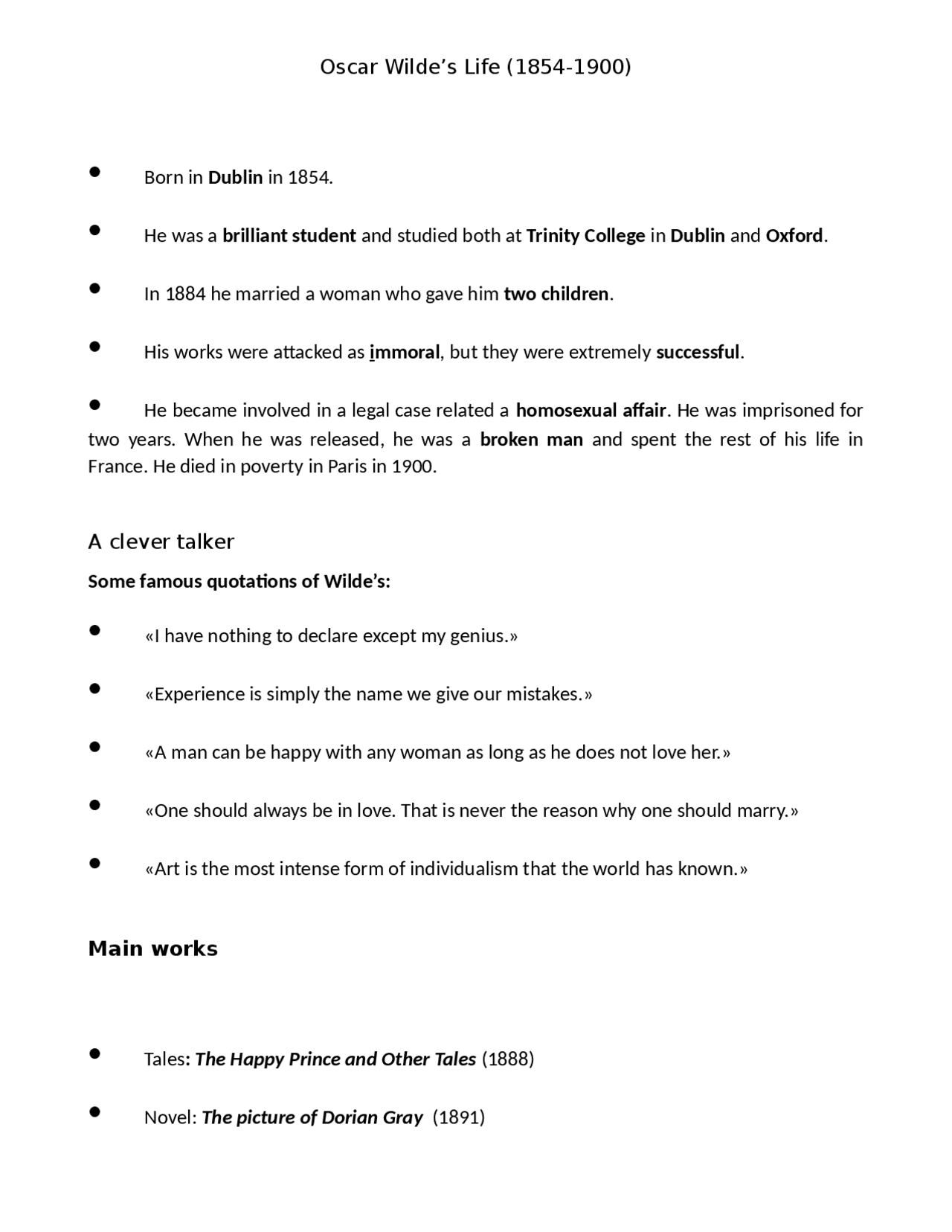 Oscar Wilde Life and works - Docsity