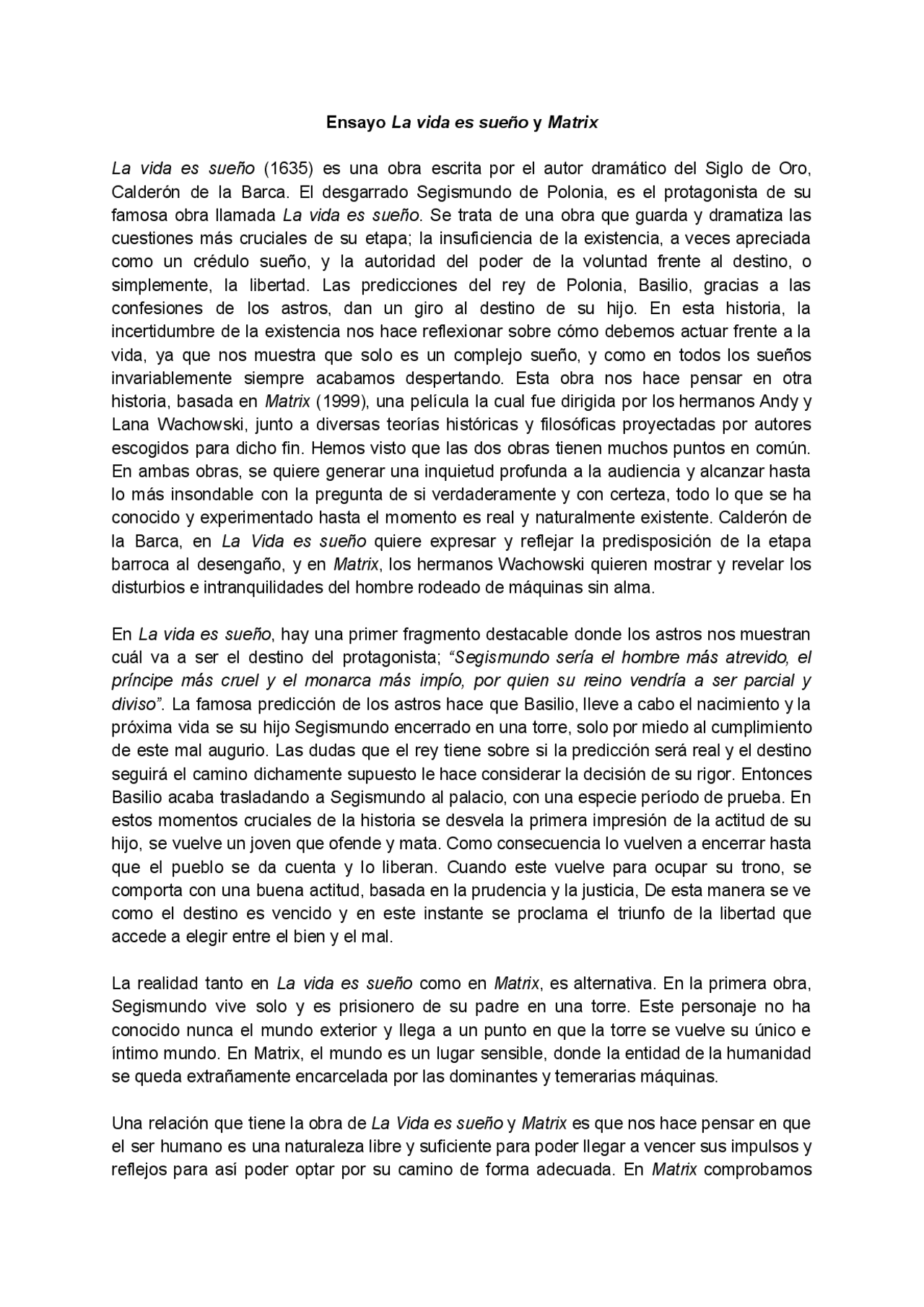 Ensayo comparativo "La vida es sueño" y "Matrix" | Apuntes de Lengua y ...
