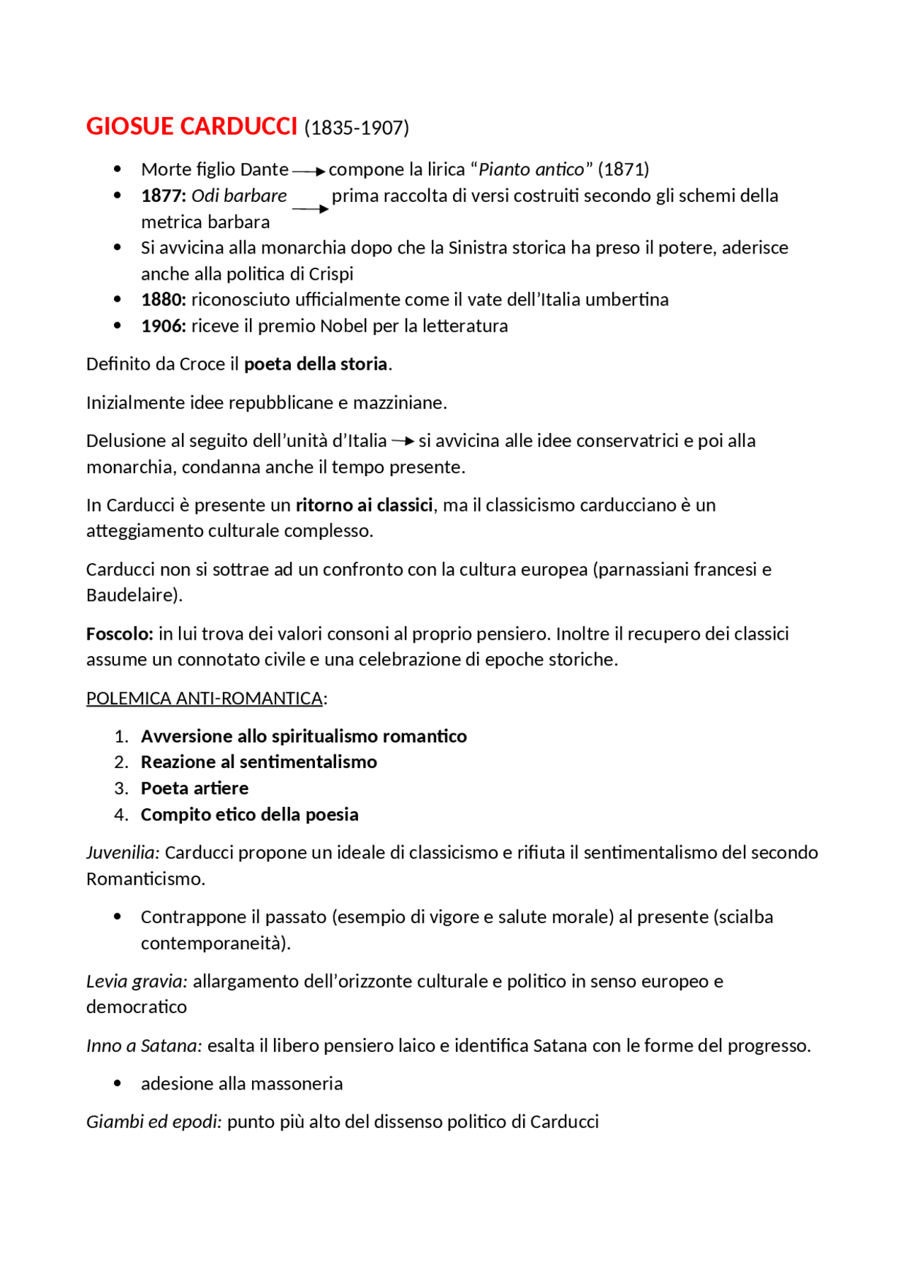 Giosue Carducci La Vita Docsity
