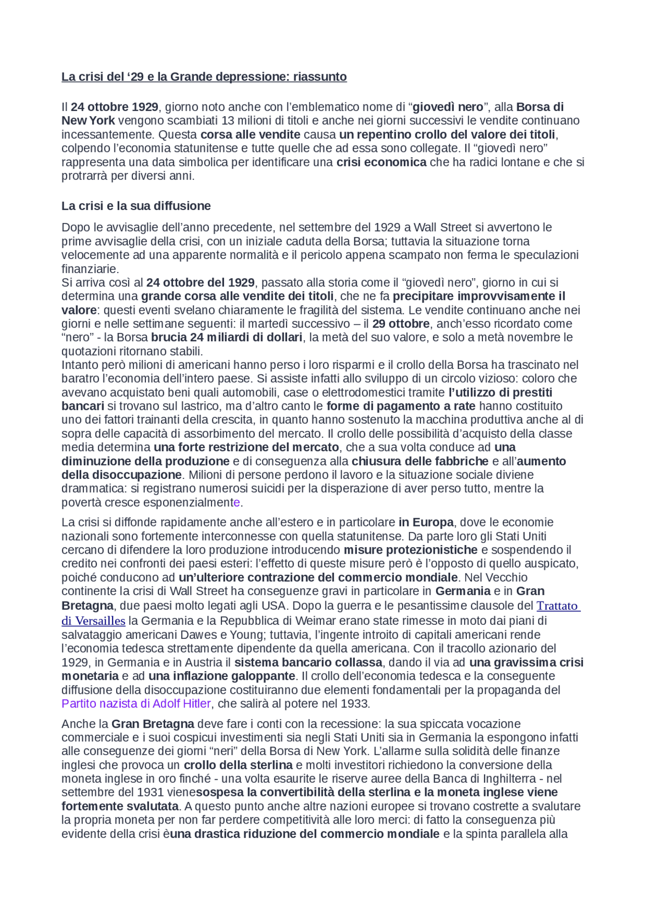 Riassunto La Crisi del '29 - Docsity