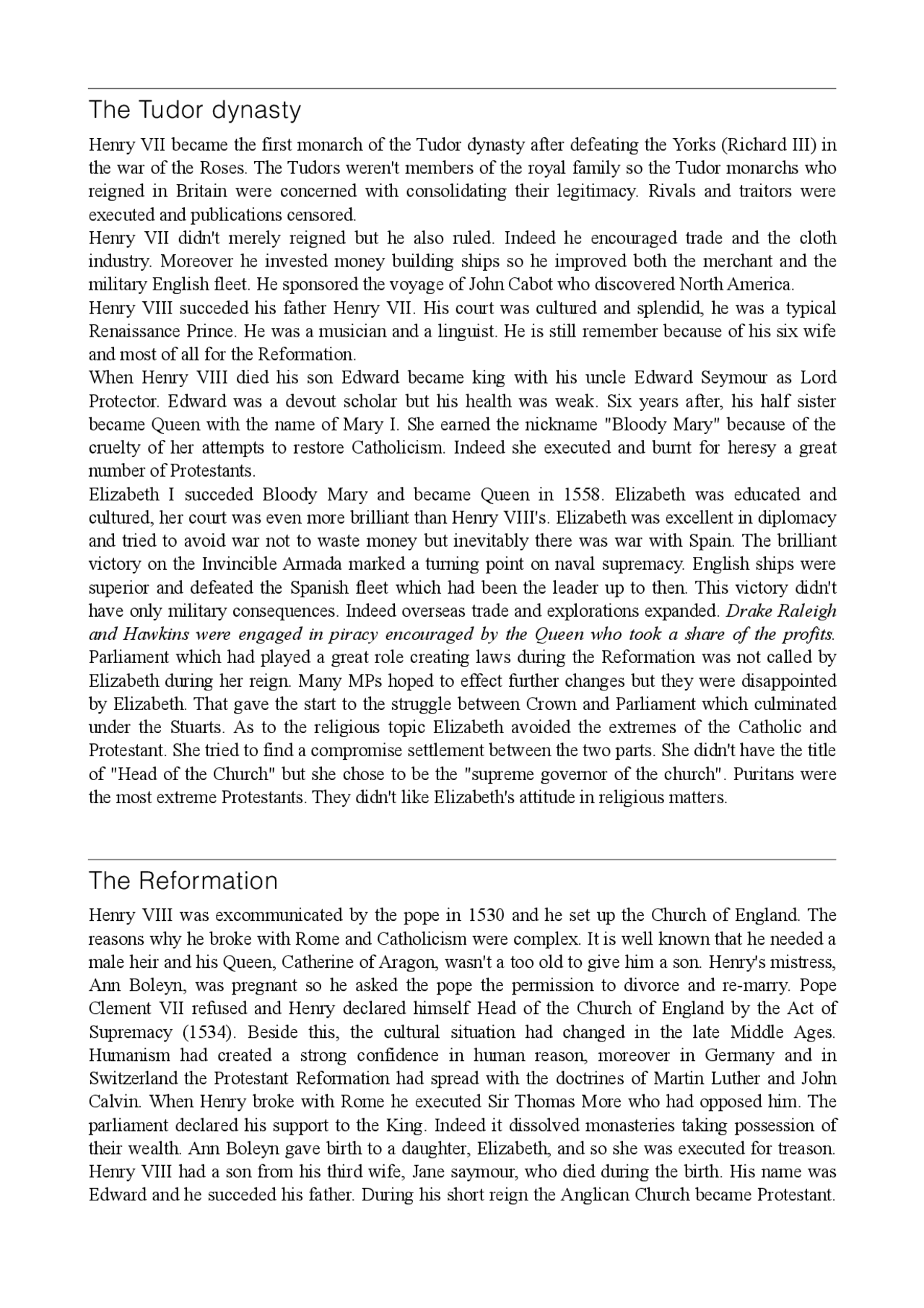 Appunti Inglese Sullepoca Dei Tudor Docsity