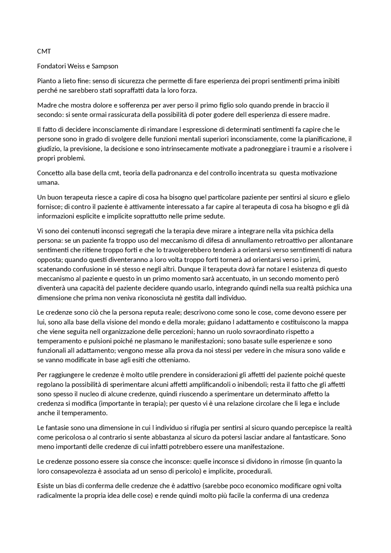 Control Mastery Theory riassunti psicologia - Docsity