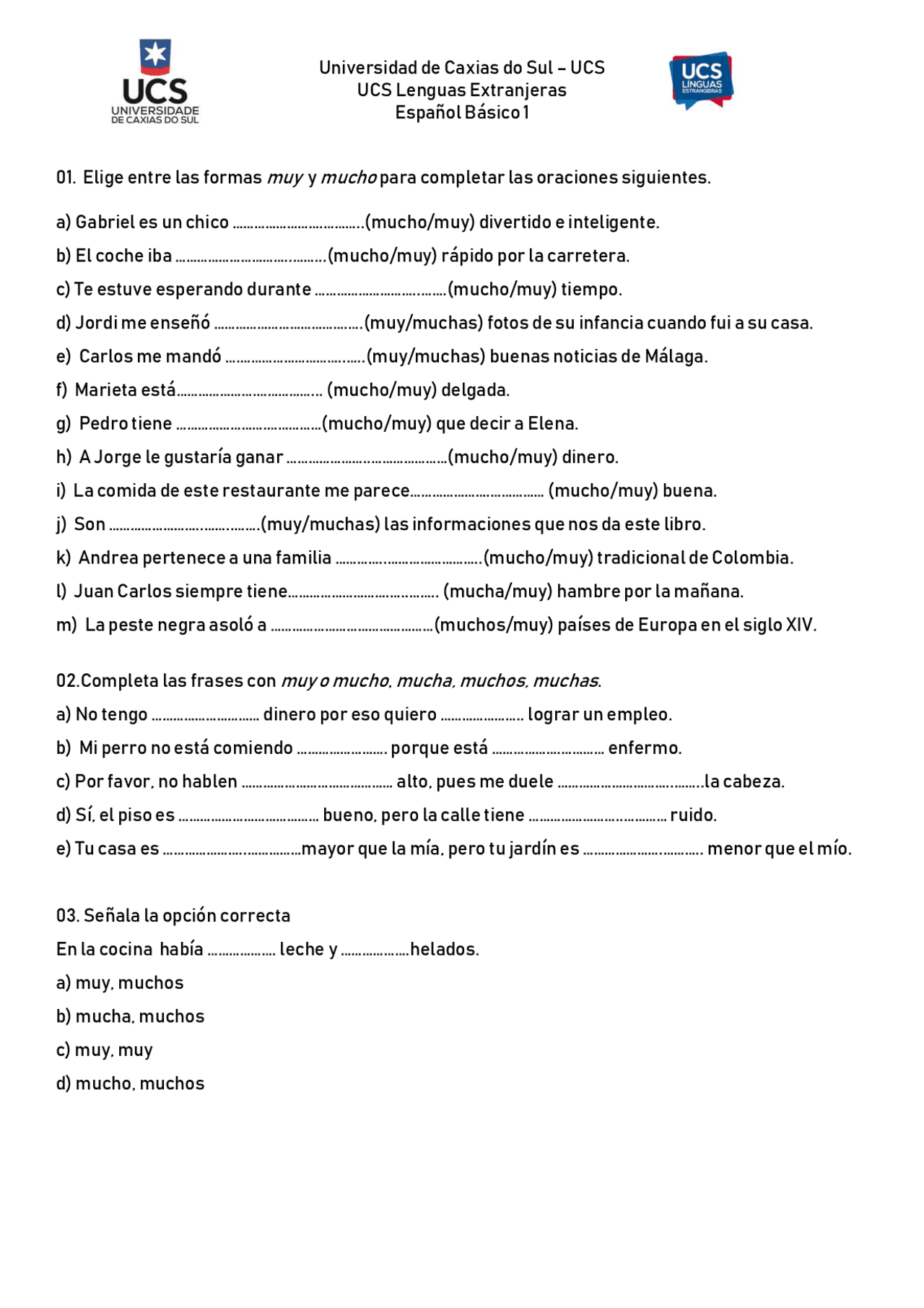 Ejercicios de Muy y mucho - Docsity