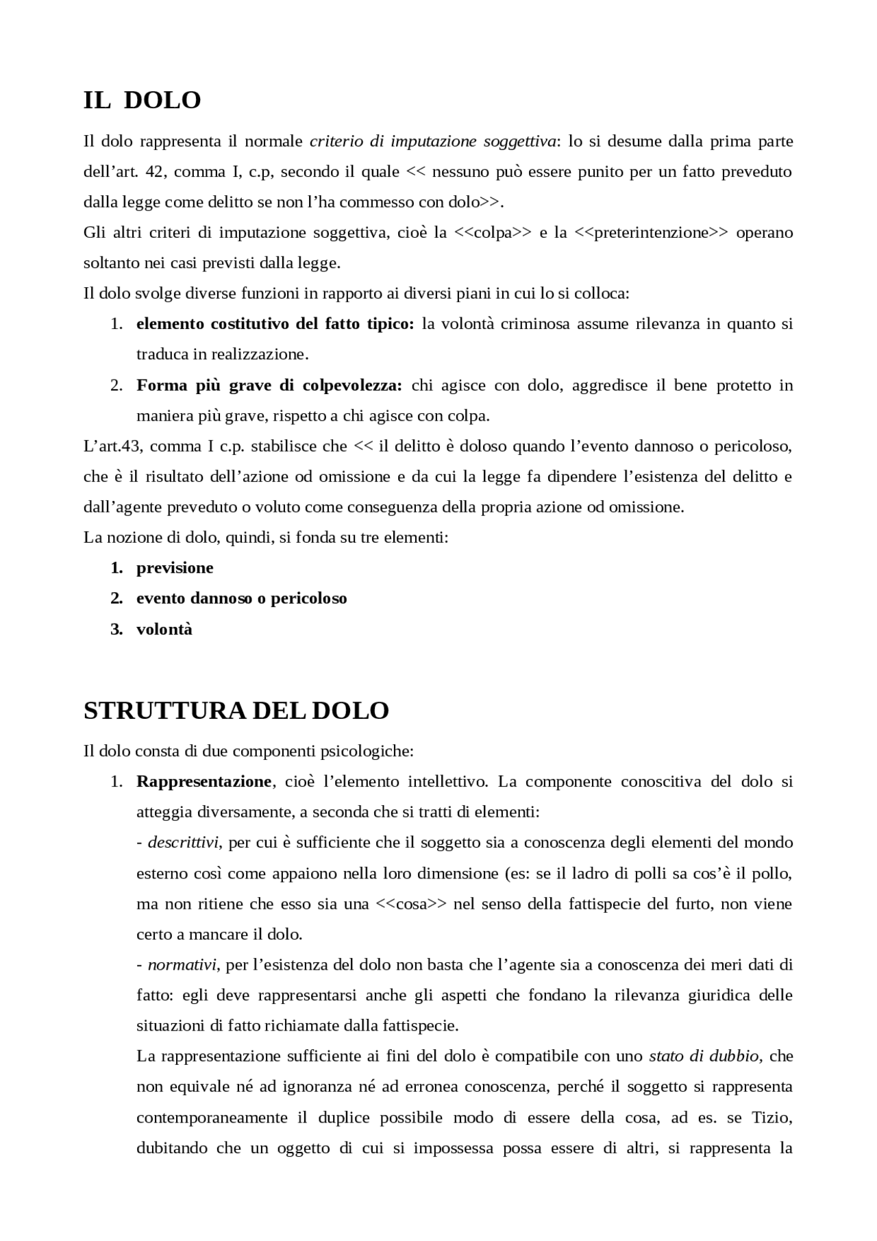 Struttura e oggetto del dolo - Docsity