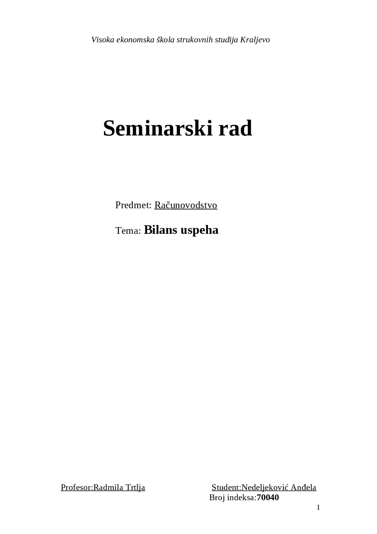 Bilans uspeha i bilans stanja | Maturalni radovi' predlog Ekonomija ...
