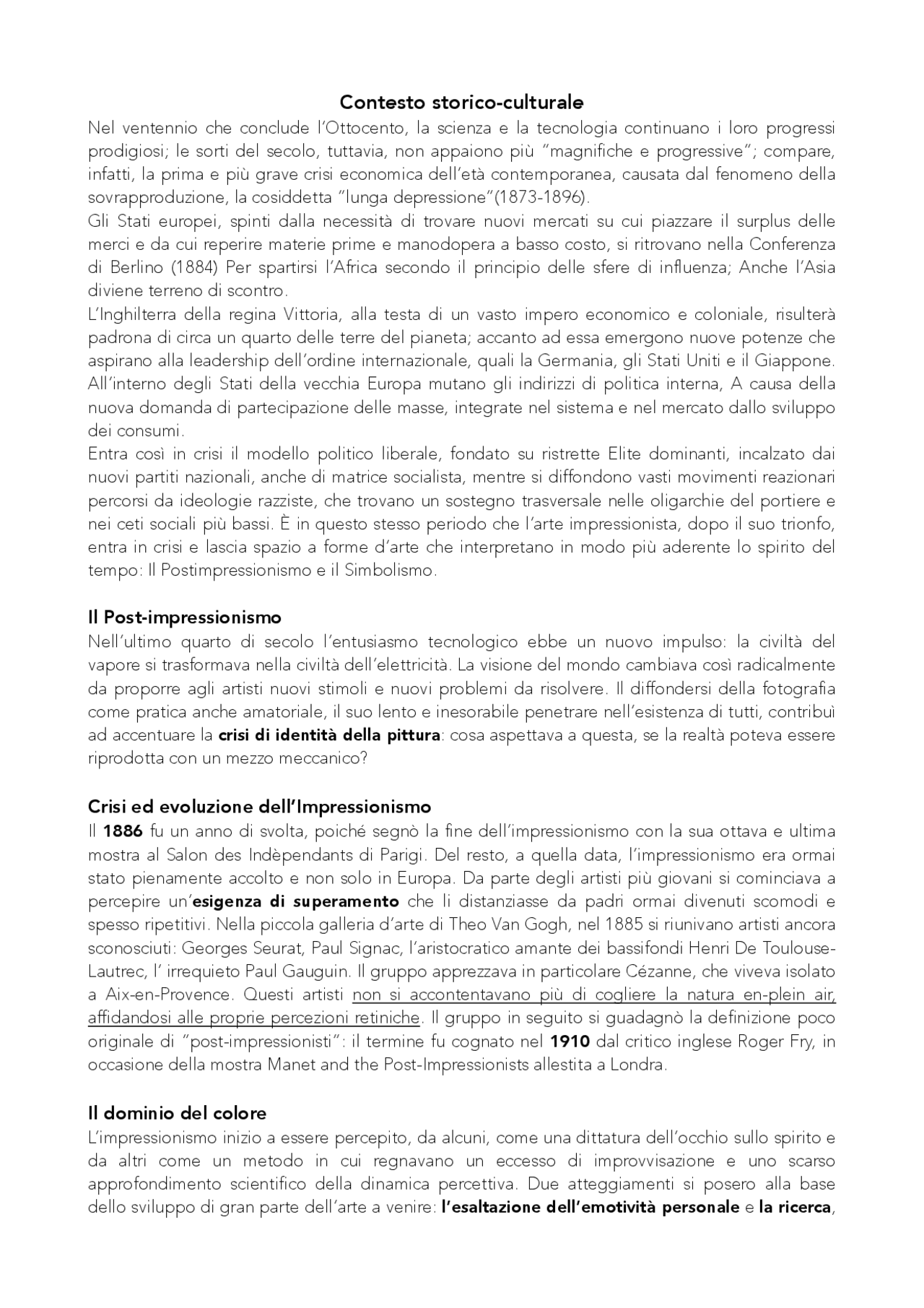 Appunti Corretti Da Professore Su Post Impressionismo Docsity