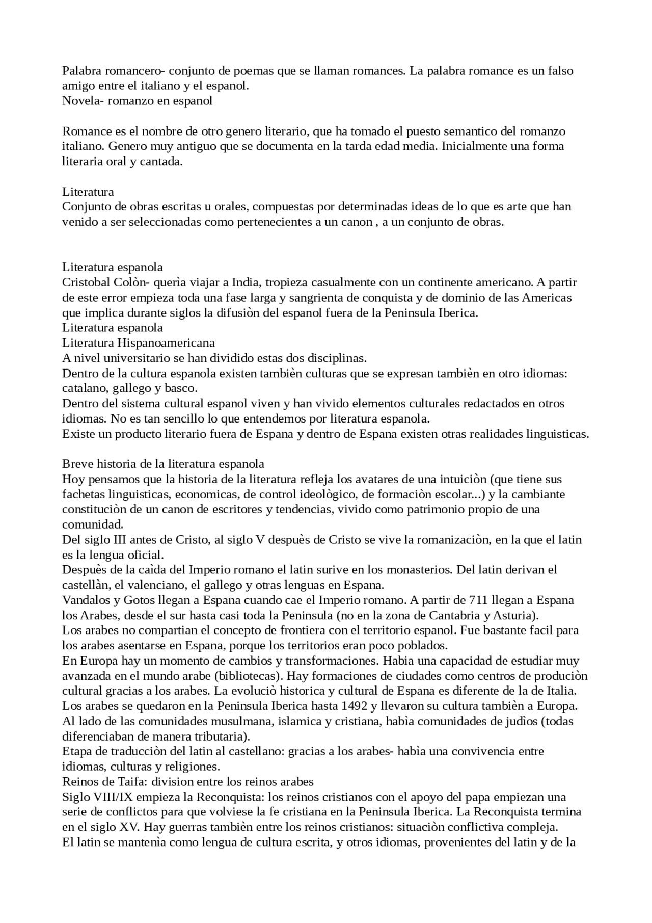 Letteratura Spagnola Calef Docsity