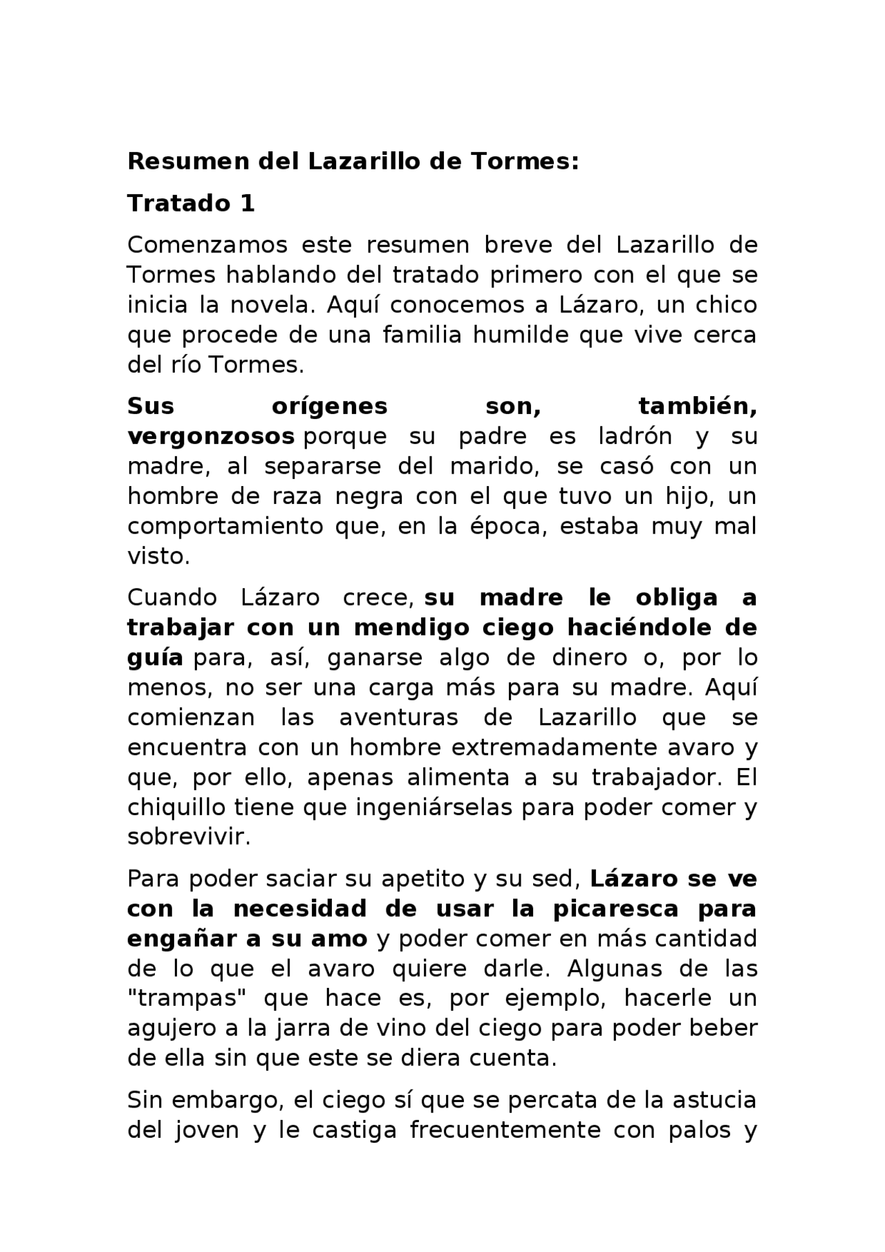 Resumen de Lazarillo de Tormes - Docsity