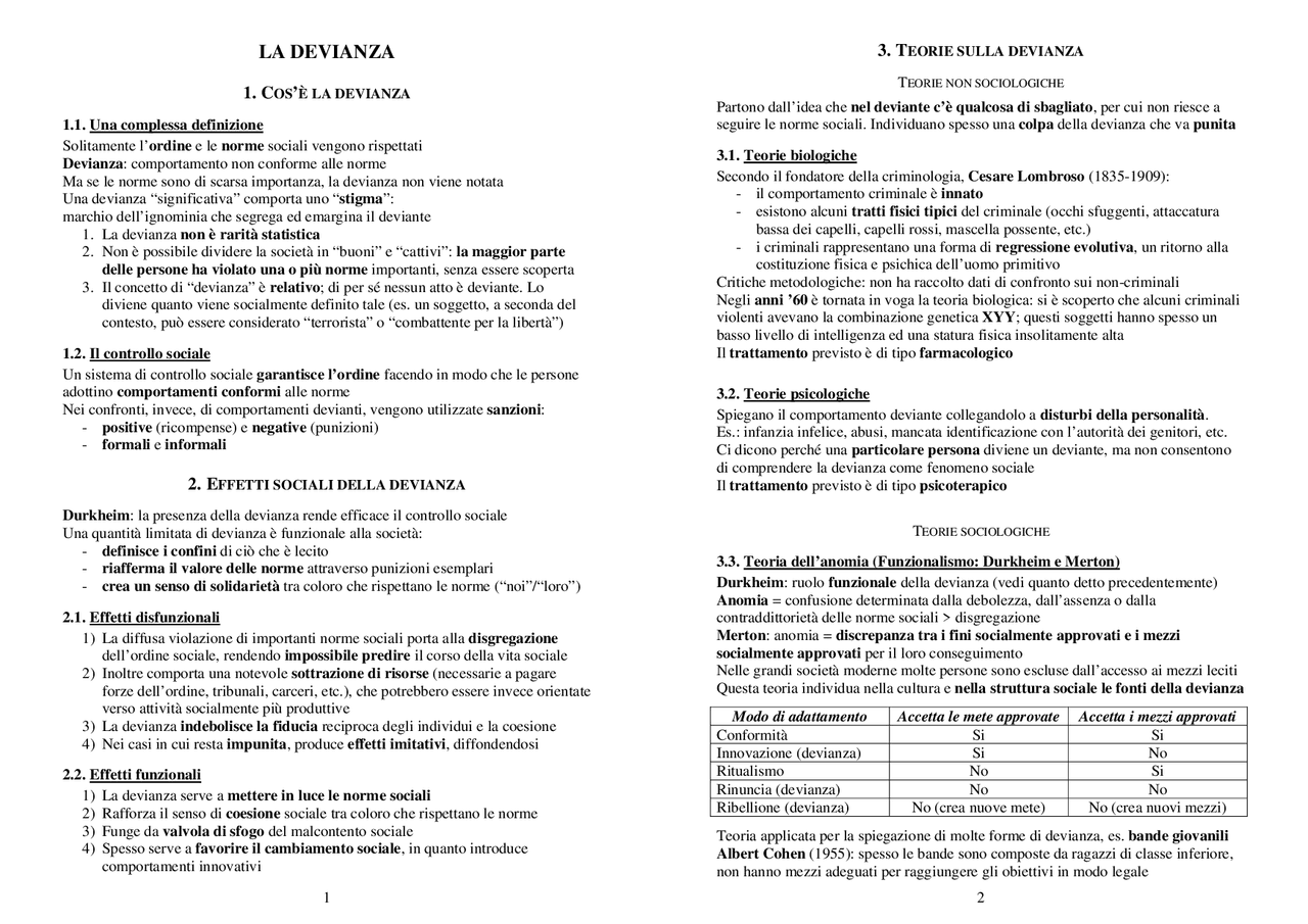 La Devianza Schema Riassuntivo Docsity