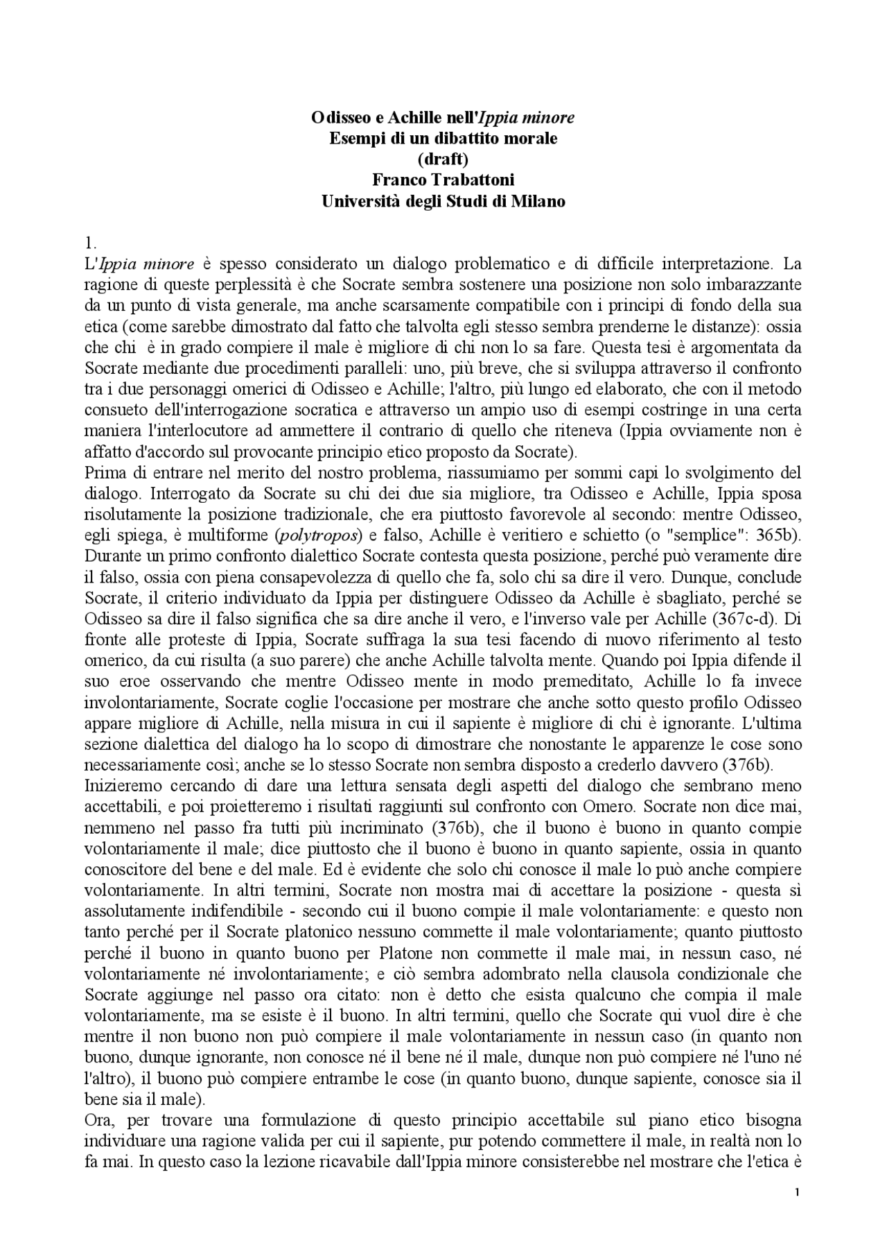 IPPIA MINORE - ODISSEO E ACHILLE | Appunti di Filosofia | Docsity