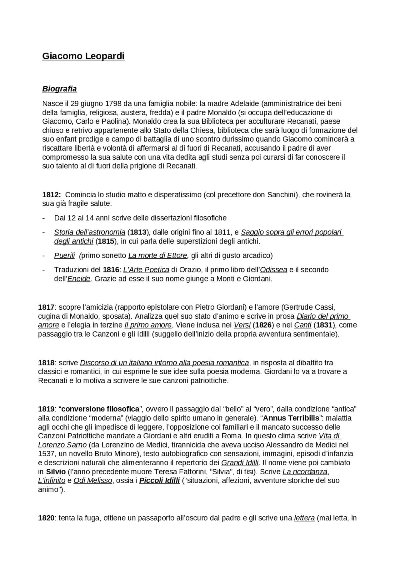 Biografia Giacomo Leopardi - Docsity