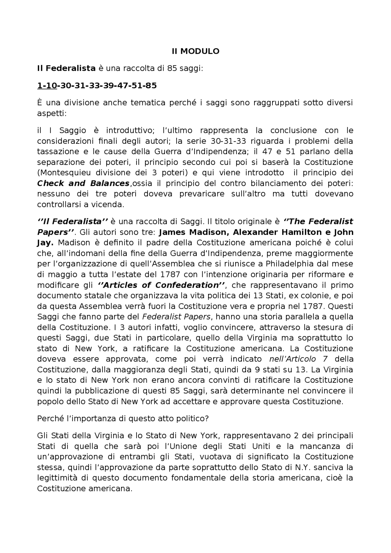 Analisi schematizzata de Il federalista | Sintesi del corso di ...