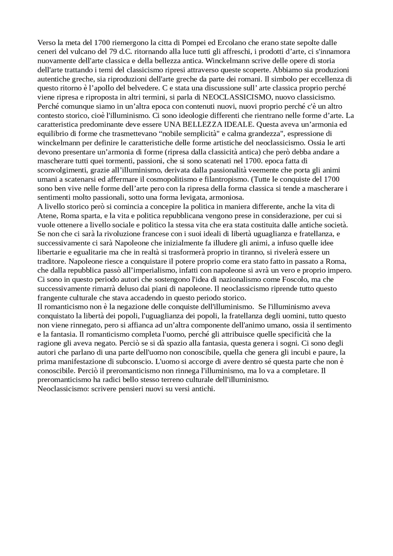 Riassunto Sul Neoclassicismo Docsity