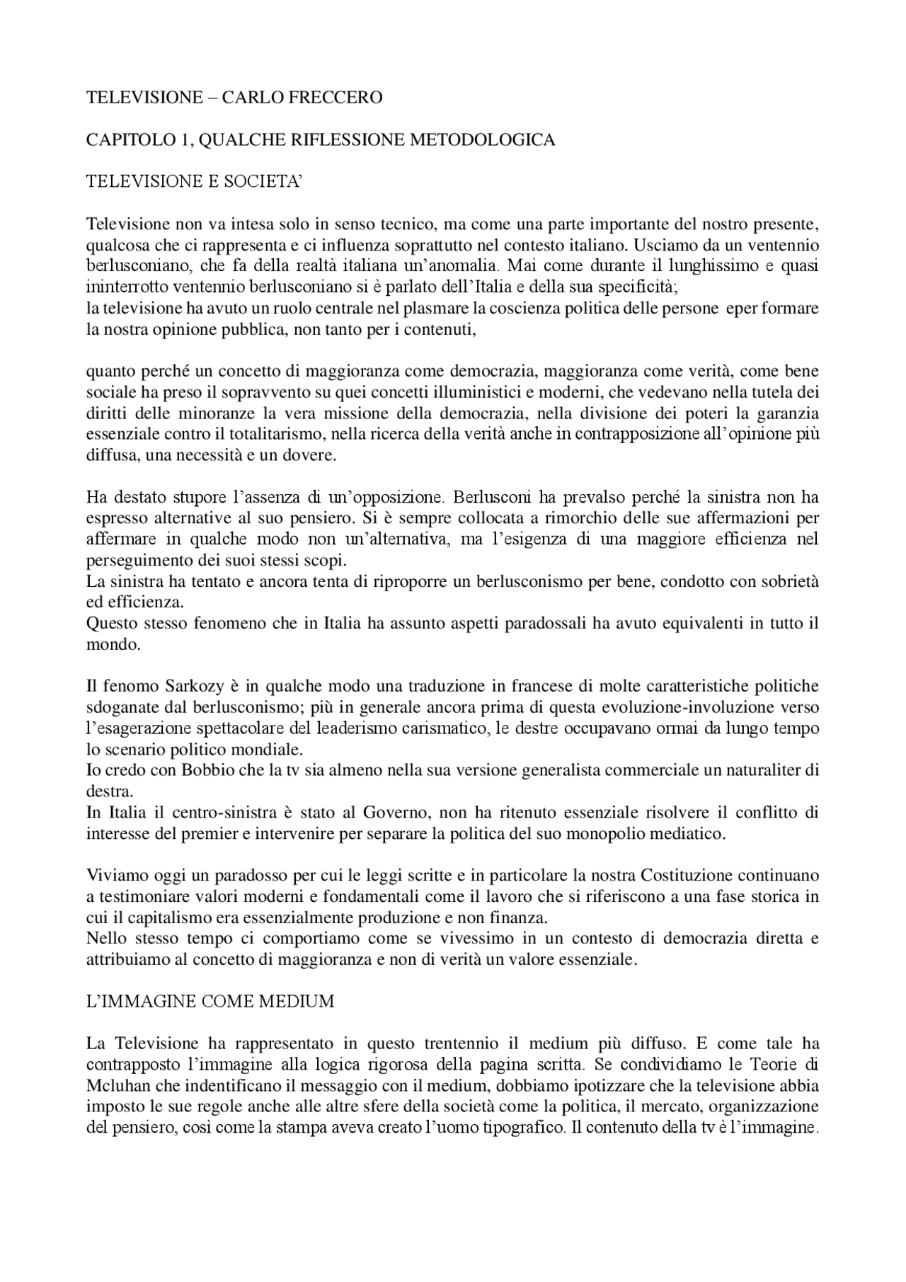 Carlo Freccero Riassunto Librotelevisione Docsity