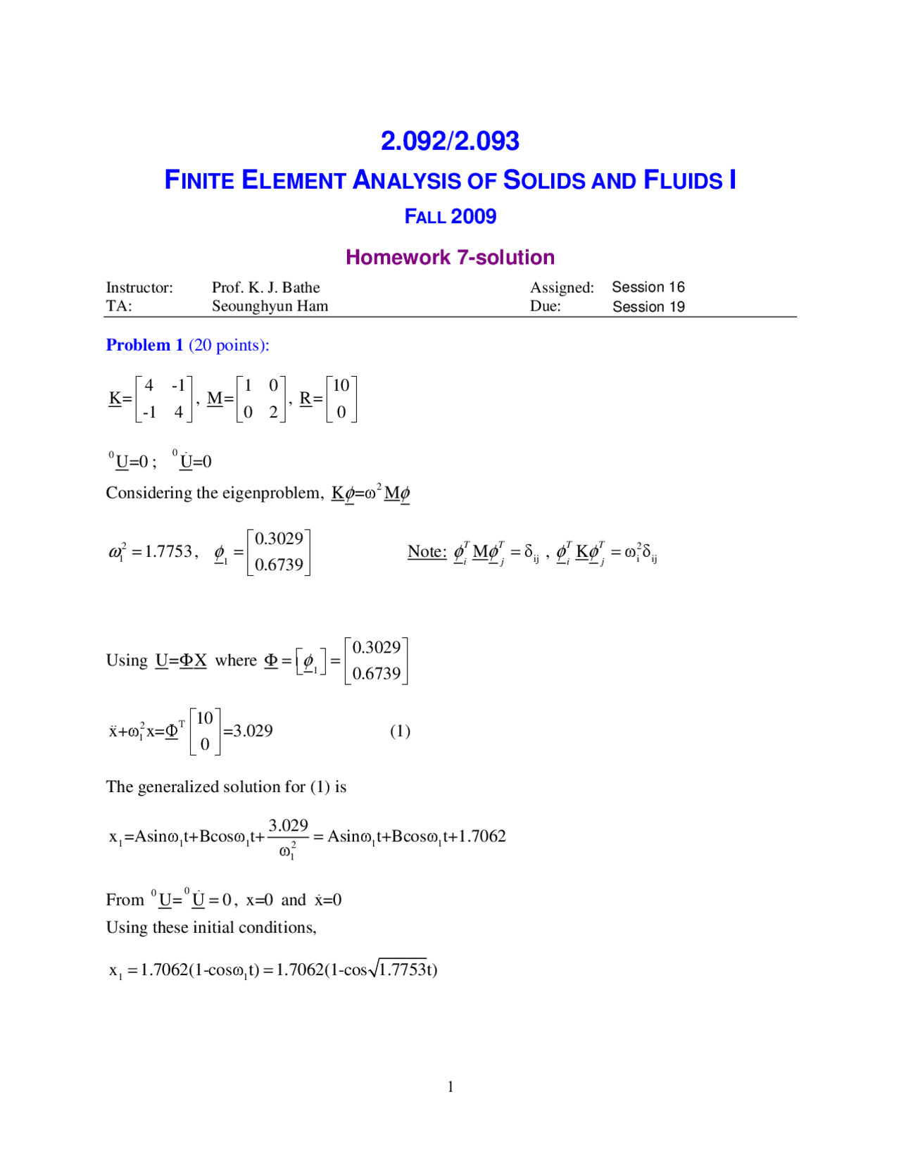 Finite Element Analysis Of Solids And Fluids I Homework 7 Solutions