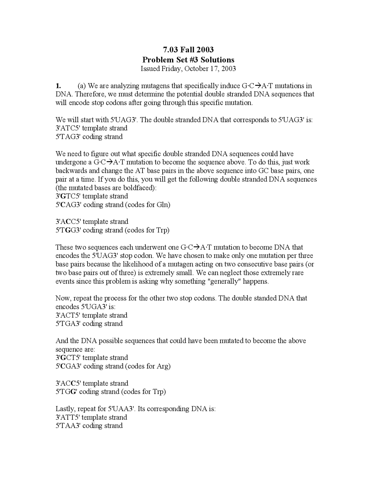 Genetics Solutions To Problem Set 3 Docsity