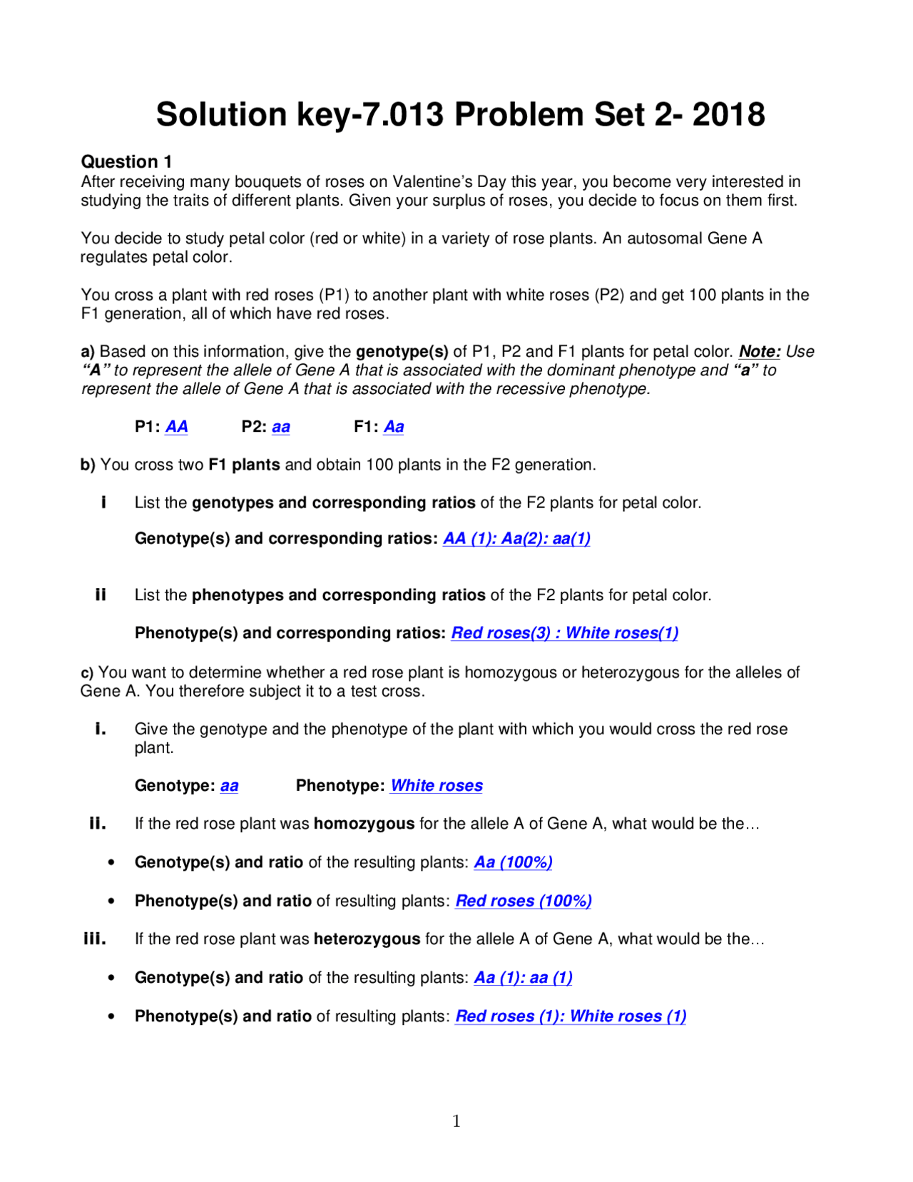 Introductory Biology Solutions Key Problem Set 2 Docsity