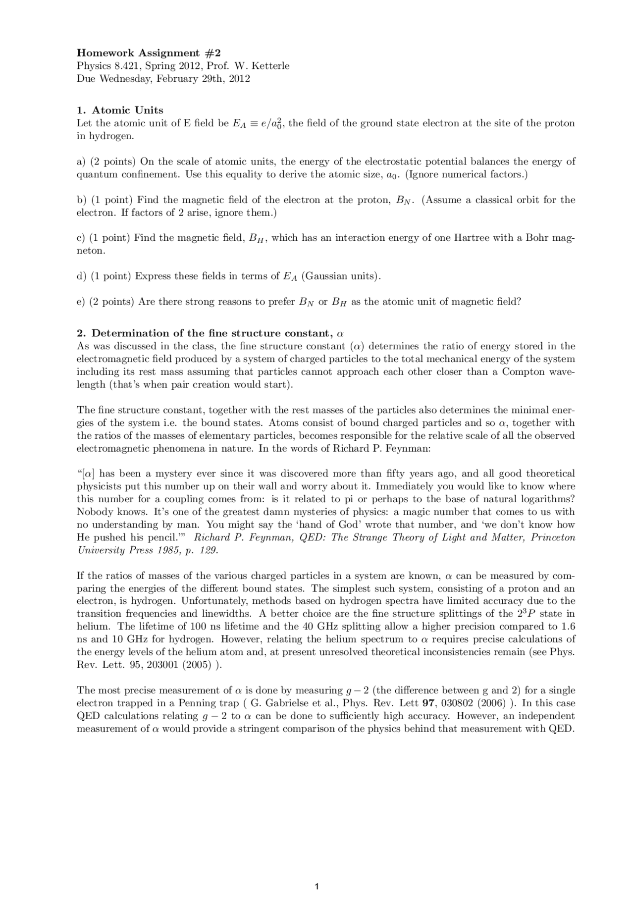Atomic And Optical Physics I Homework Assignment 2 Docsity