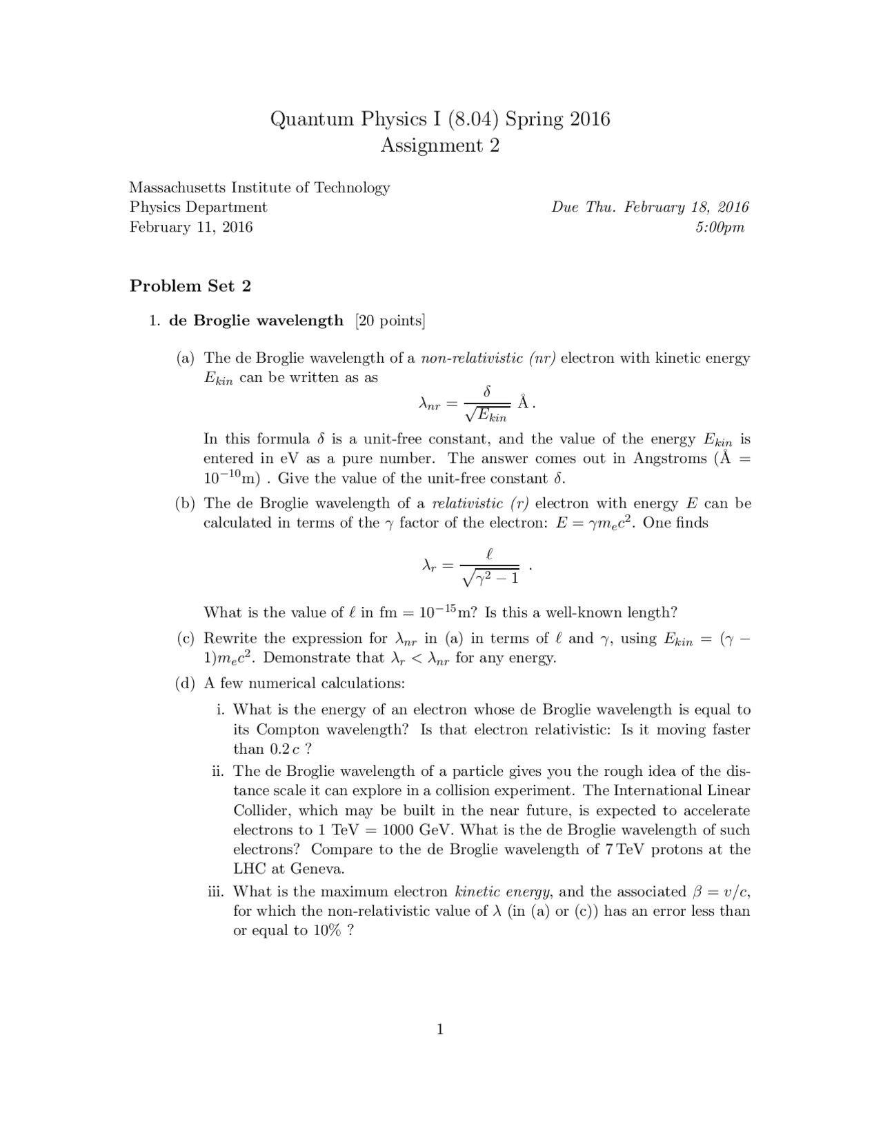 Quantum Physics I Problem Set 2 | Exercises Quantum Physics | Docsity