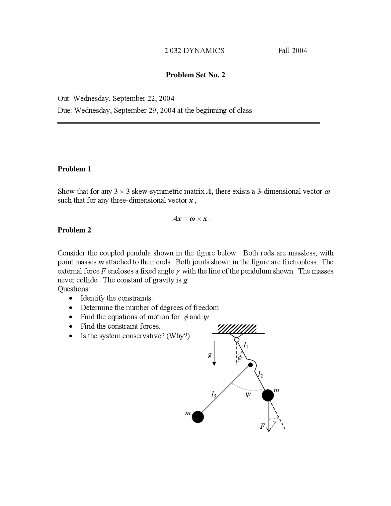 Dynamics Problem Set No 2 Three Questions Docsity