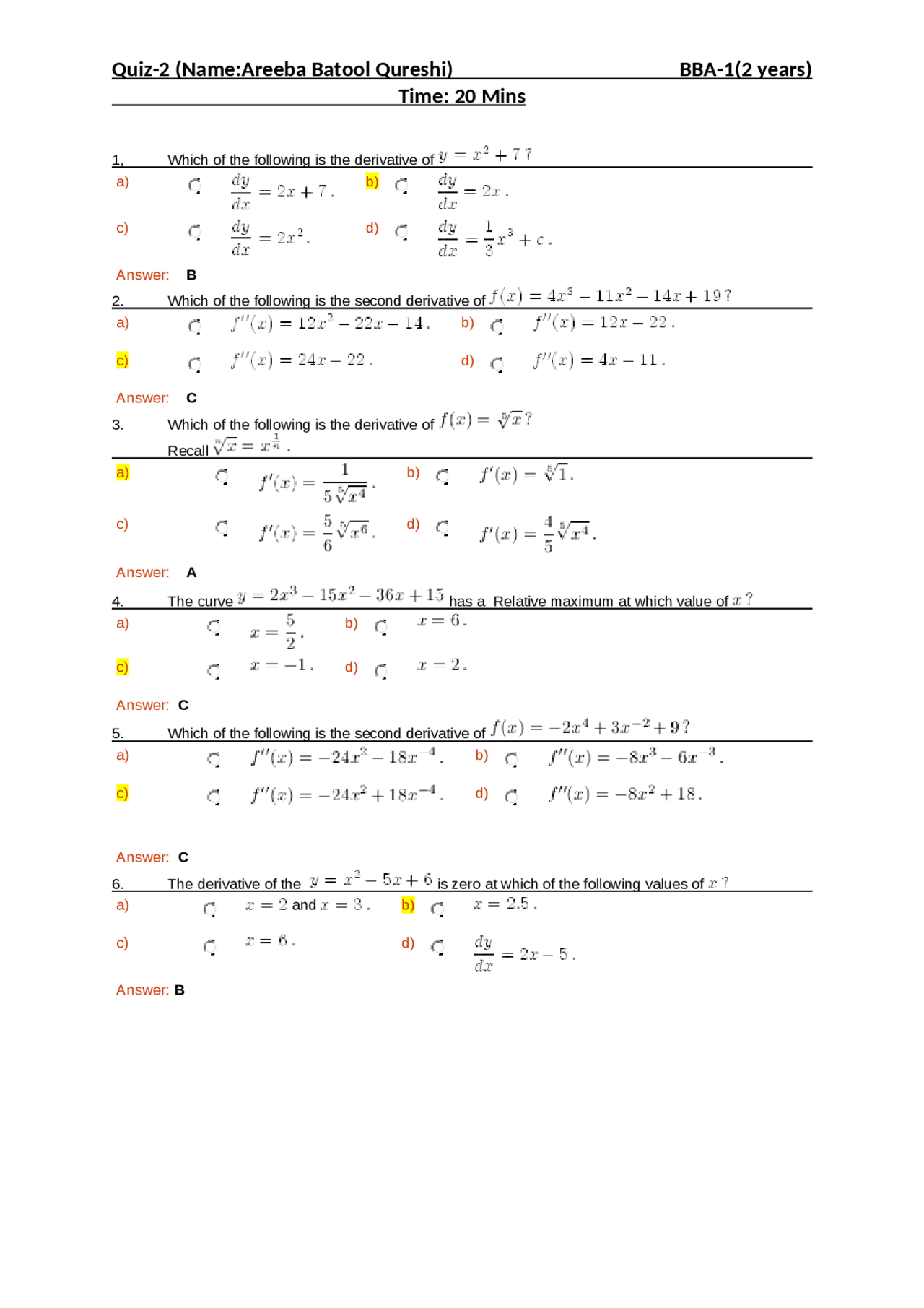 Maths quiz differentiation - Docsity