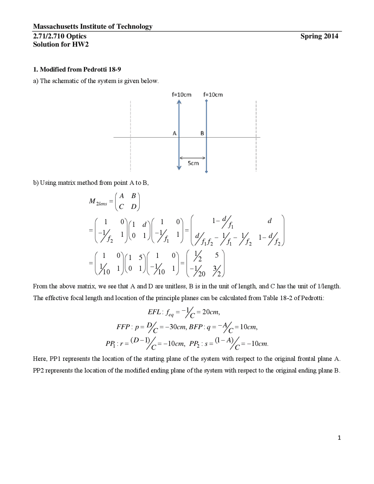 Optics Solutions To Problem Set 2 Docsity