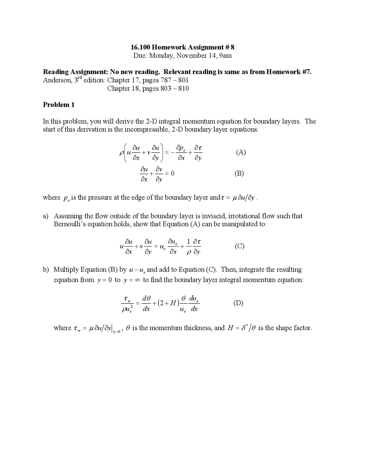 Boundary Layers Laminar And Separation Assignment Mit Docsity
