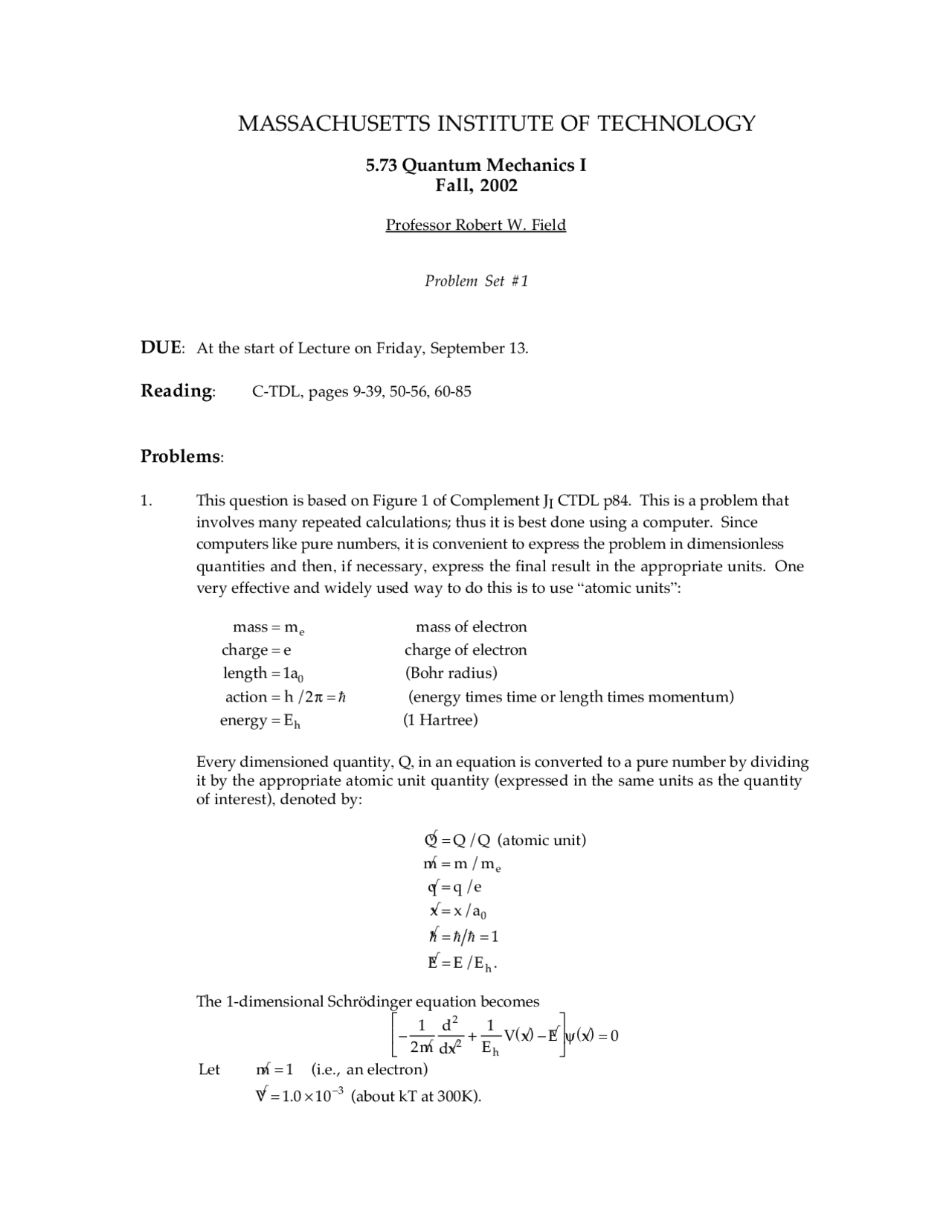 Quantum Mechanics I Problem Set 1 - Docsity