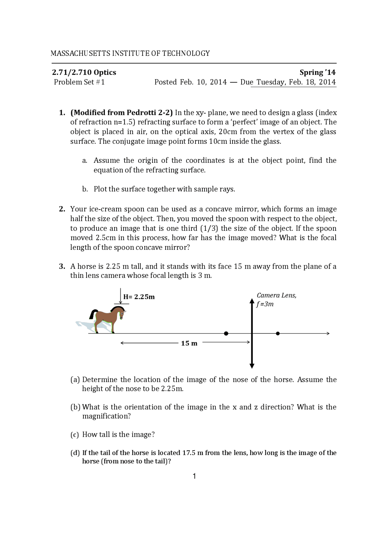 Optics Problem Set 1 Five Questions Docsity