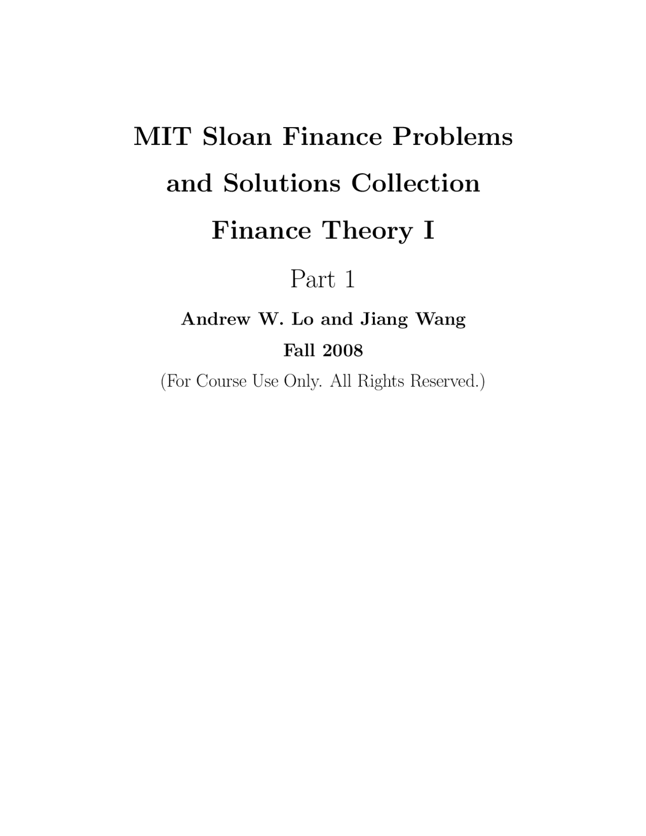 Finance Theory I Problem Set With Solutions Exercises Financial