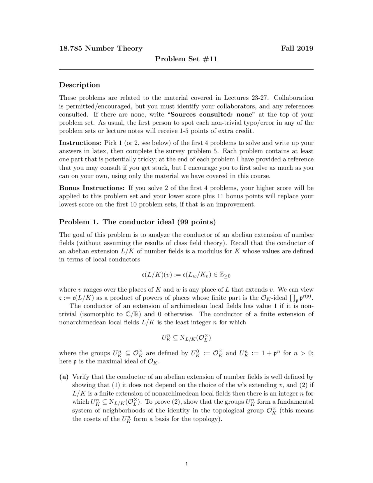 The conductor ideal, The Hilbert symbol, Profinite groups Problems to ...