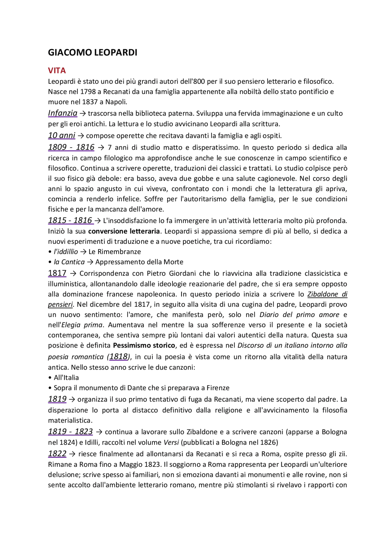 Giacomo Leopardi - biografia, poetica e opere - Docsity