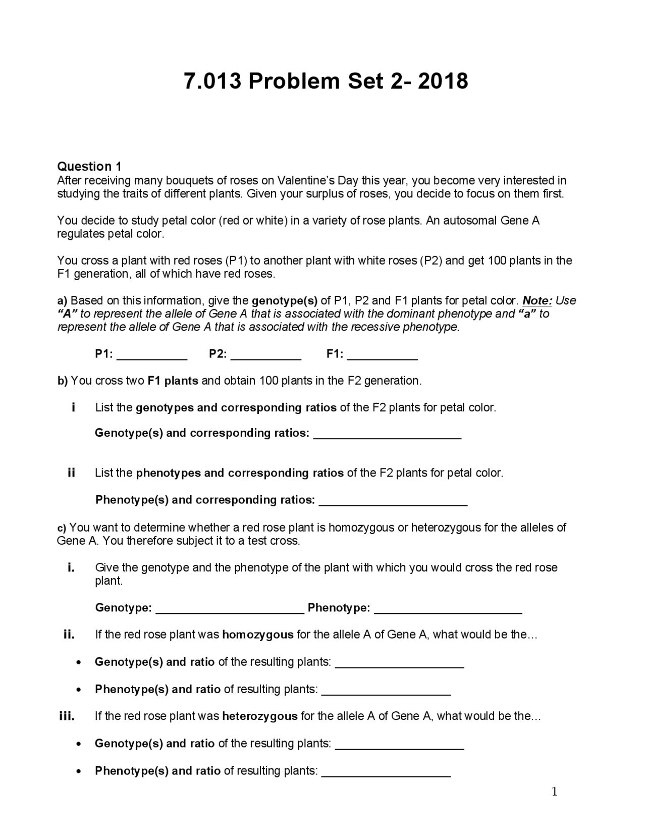 Introductory Biology Problem Set 2 Five Questions To Solve Docsity