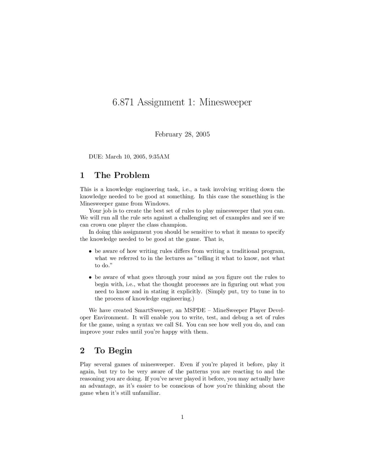 Minesweeper problem set - Knowledge-Based Applications Systems - Docsity