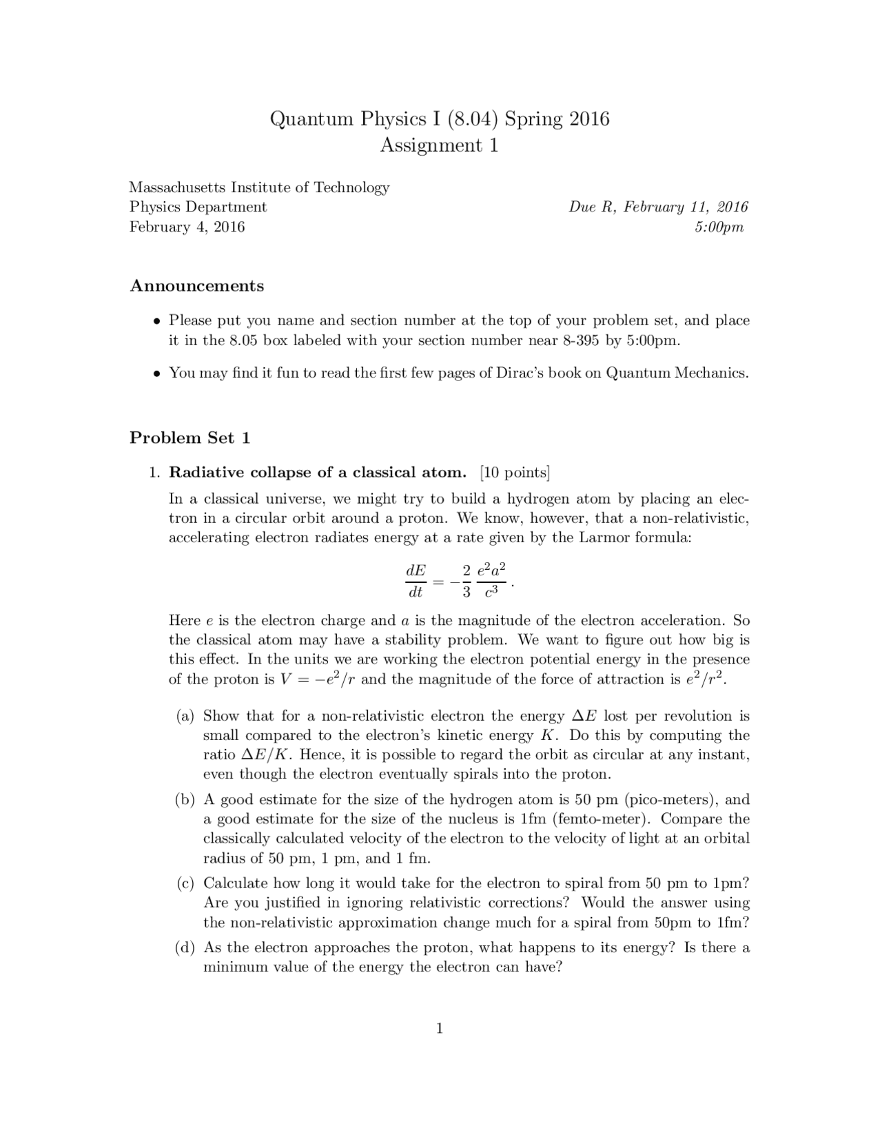 Quantum Physics I Problem Set 1 Exercises Quantum Physics Docsity