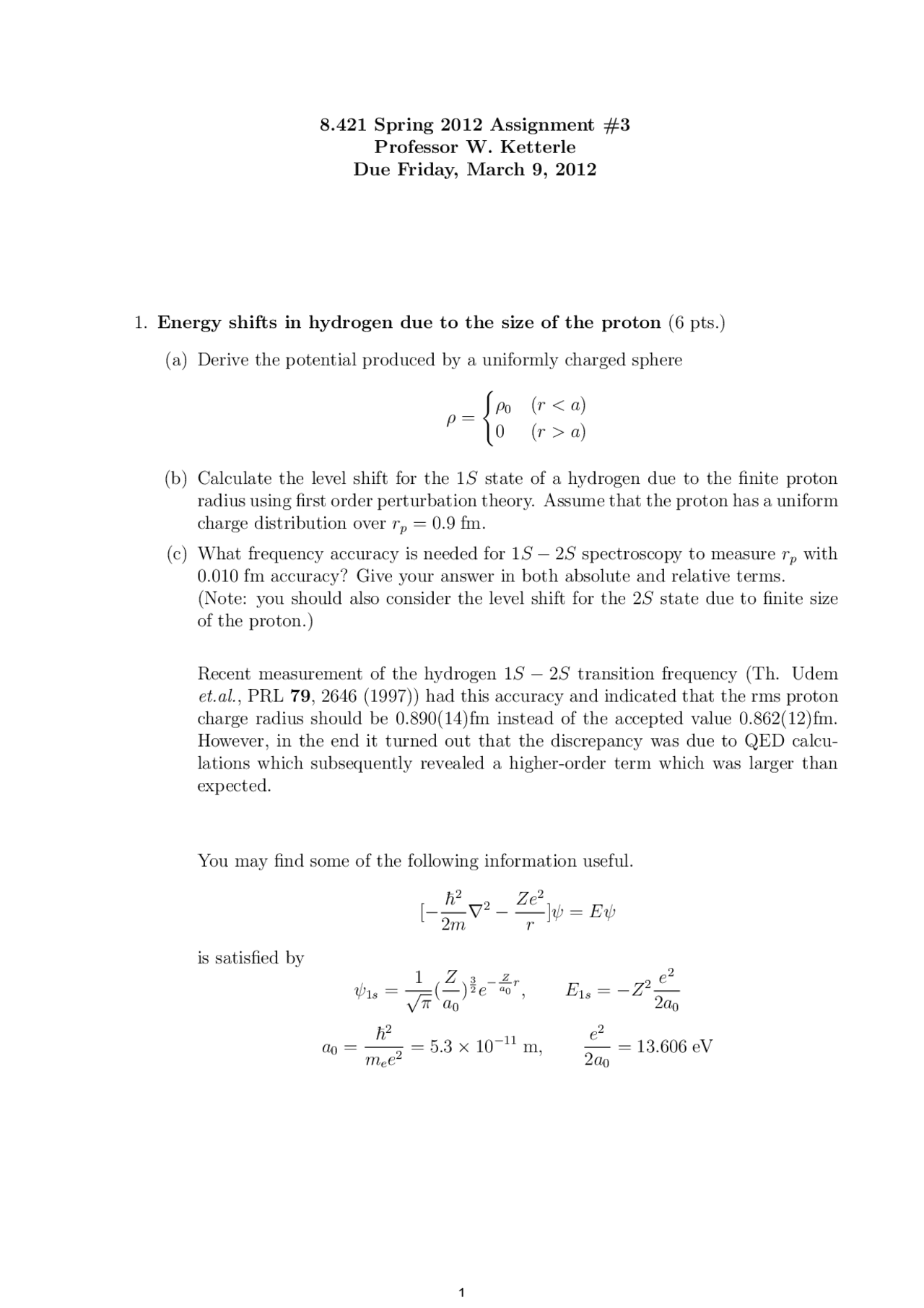 Atomic And Optical Physics I Homework Assignment 3 Docsity