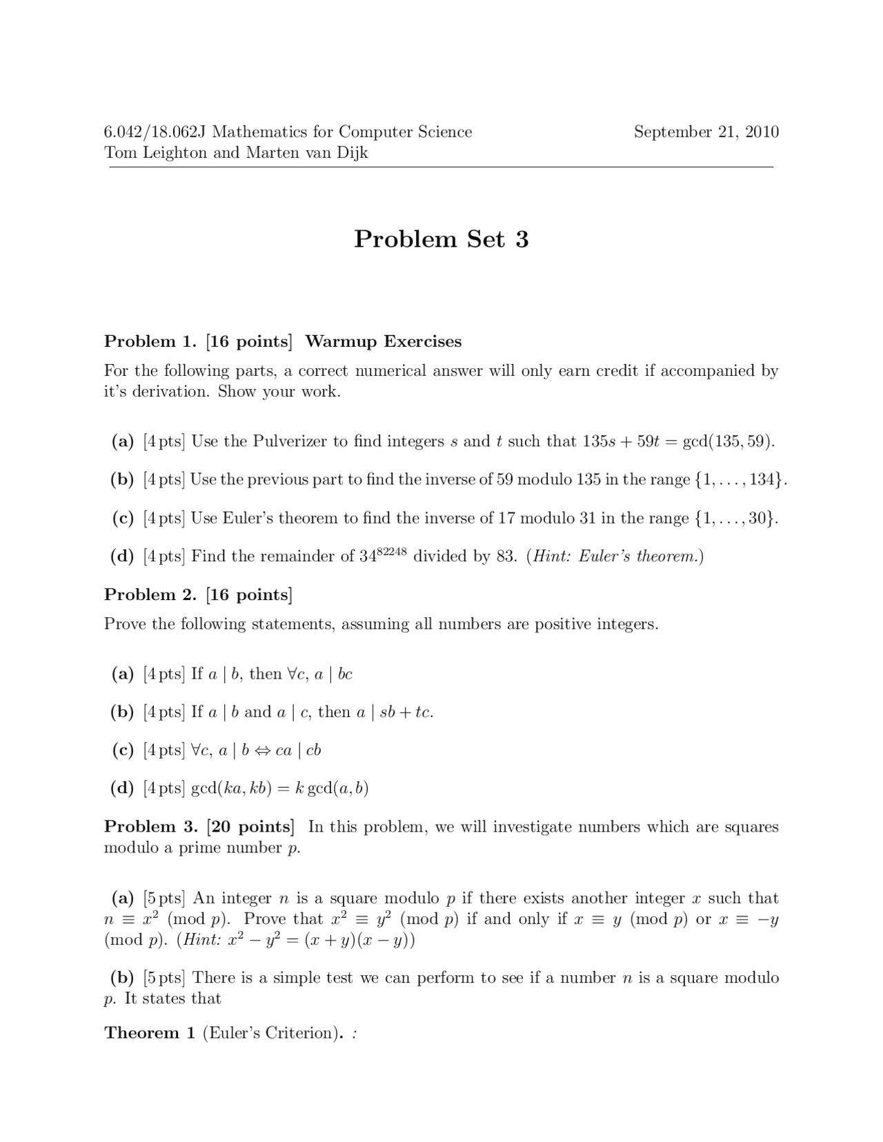 Mathematics for Computer Science Problem Set 3 with Theorems - Docsity