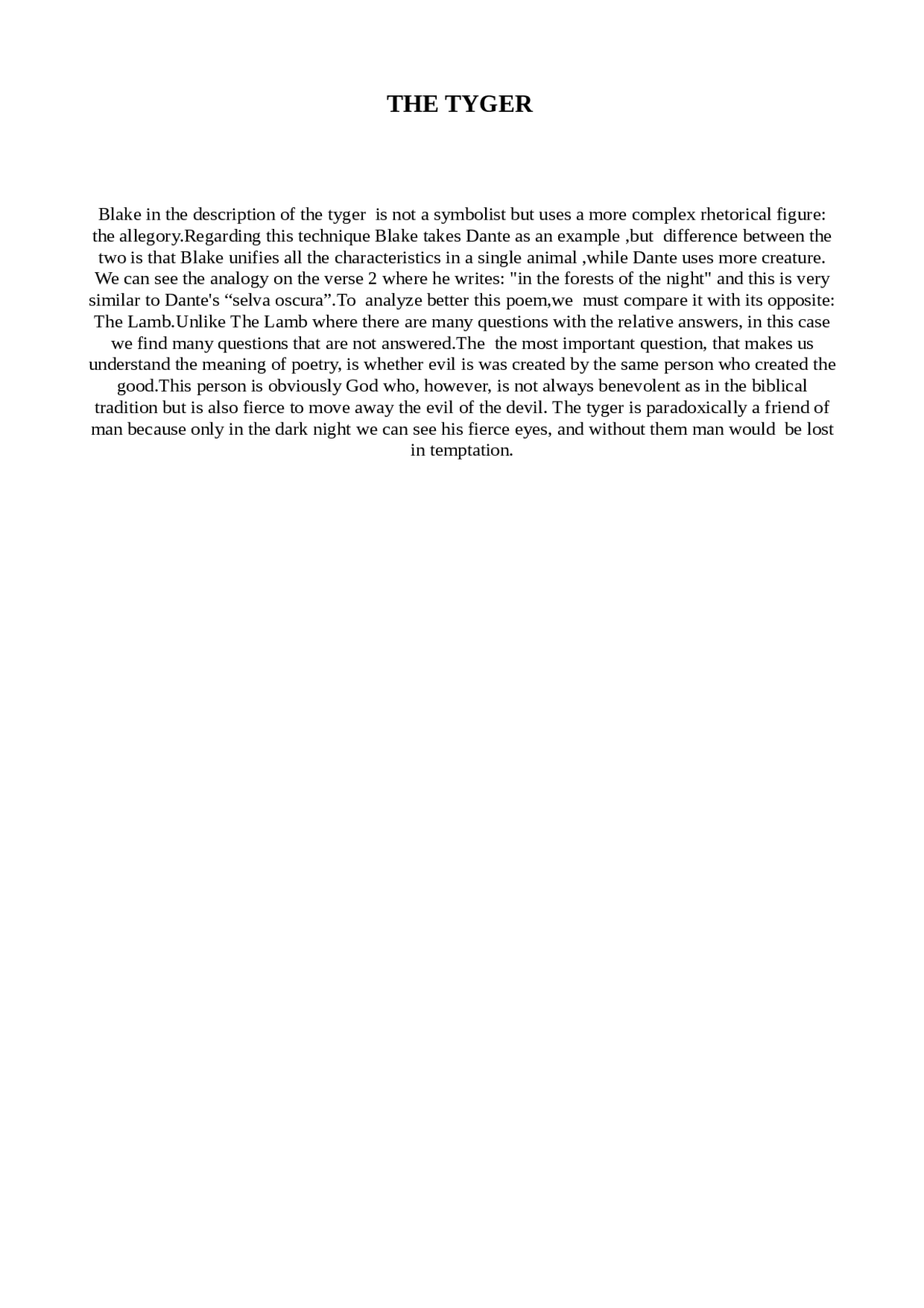 The Tiger William Blake - Docsity