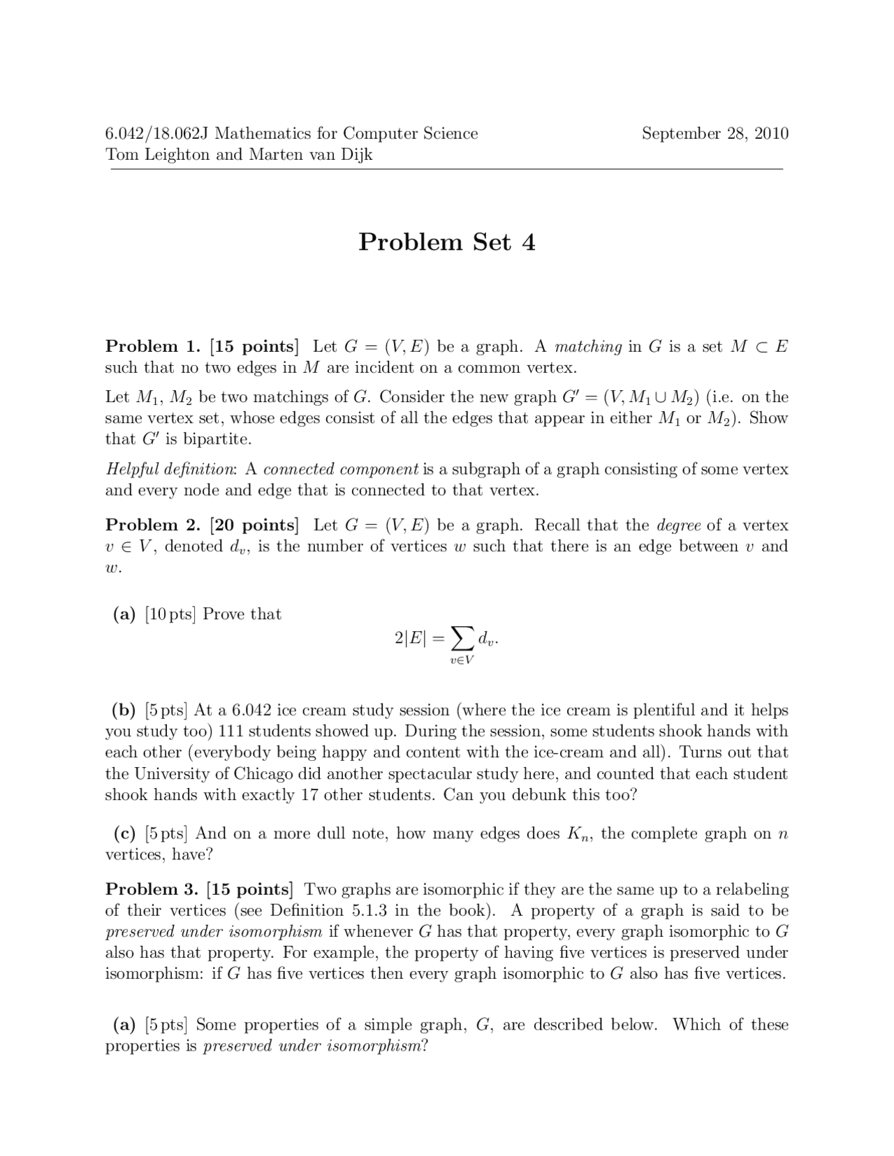 Mathematics for Computer Science Problem Set 4 - Docsity
