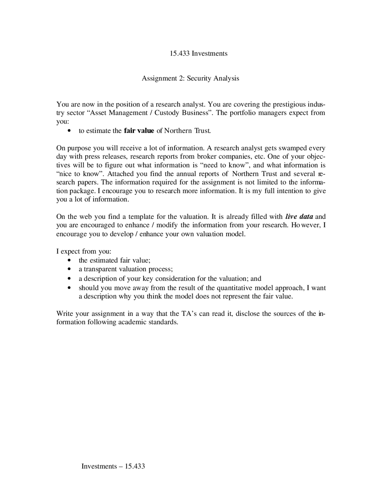 Security Analysis Assignment Investment Exercises Investment