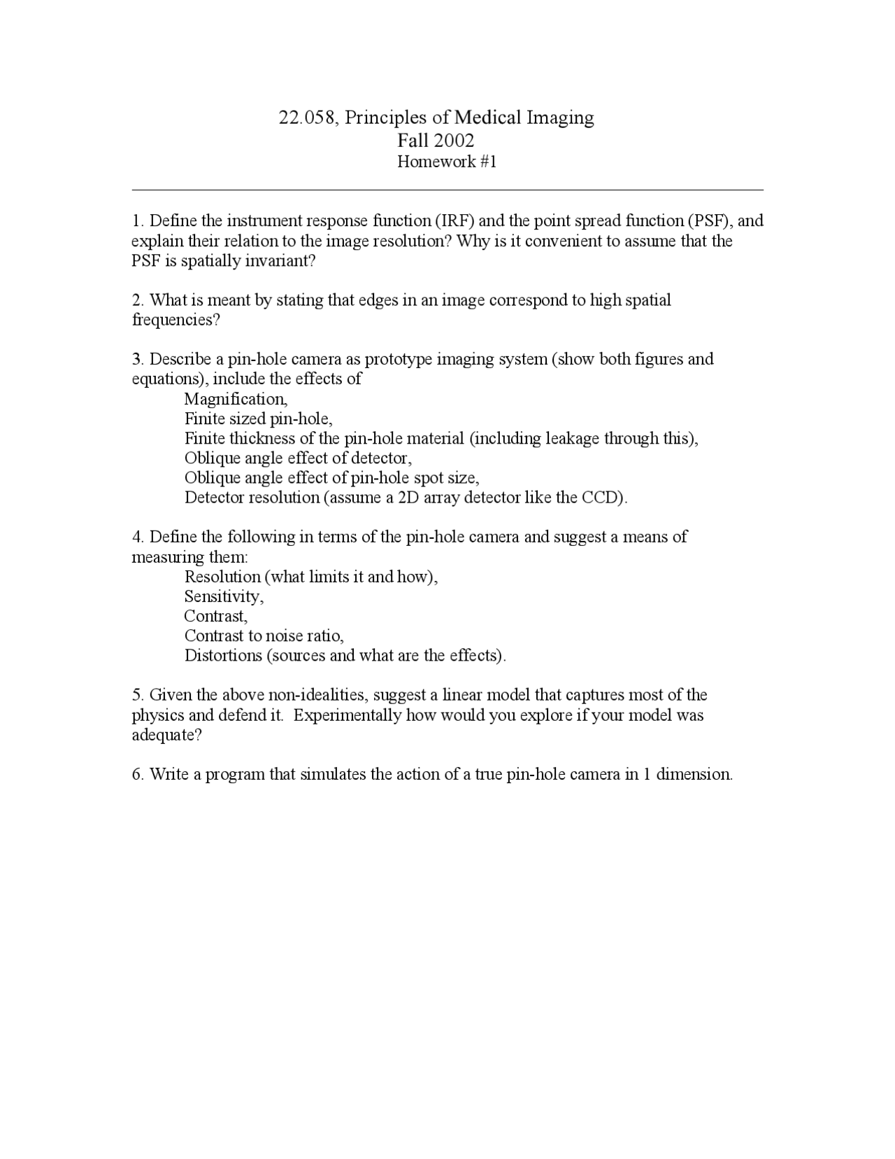 Principles Of Medical Imaging Homework 1 Six Questions Docsity