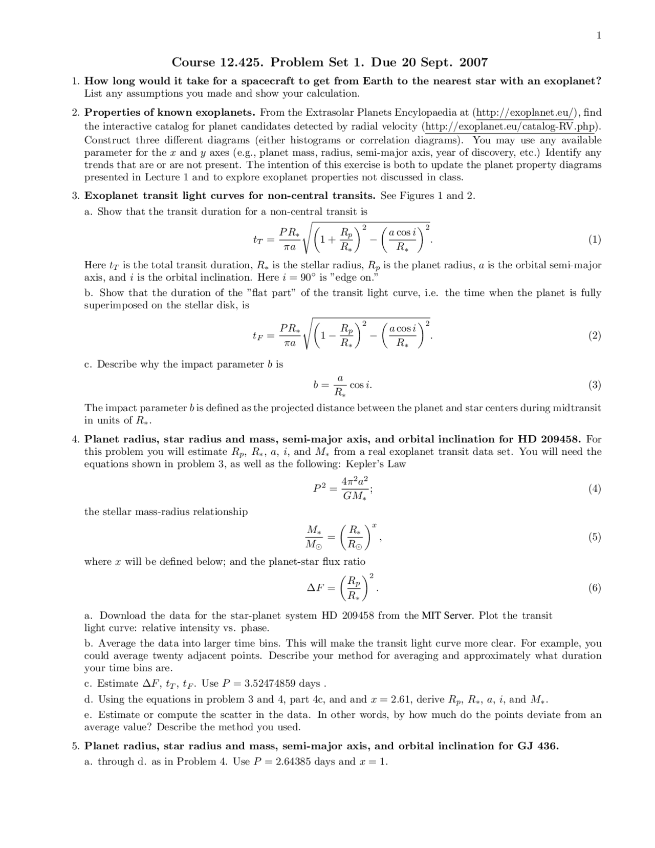 Extrasolar Planets Physics And Detection Techniques Problem Set 1