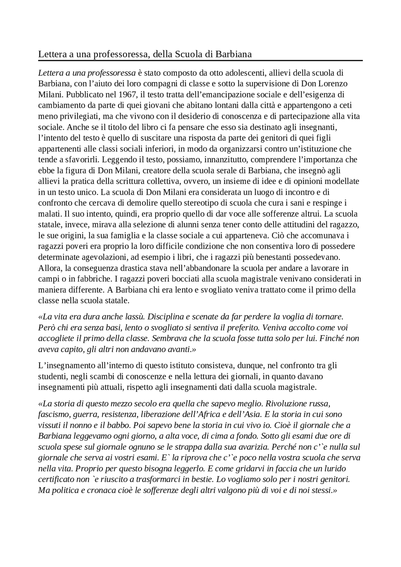Riassunto Lettera A Una Professoressa Docsity