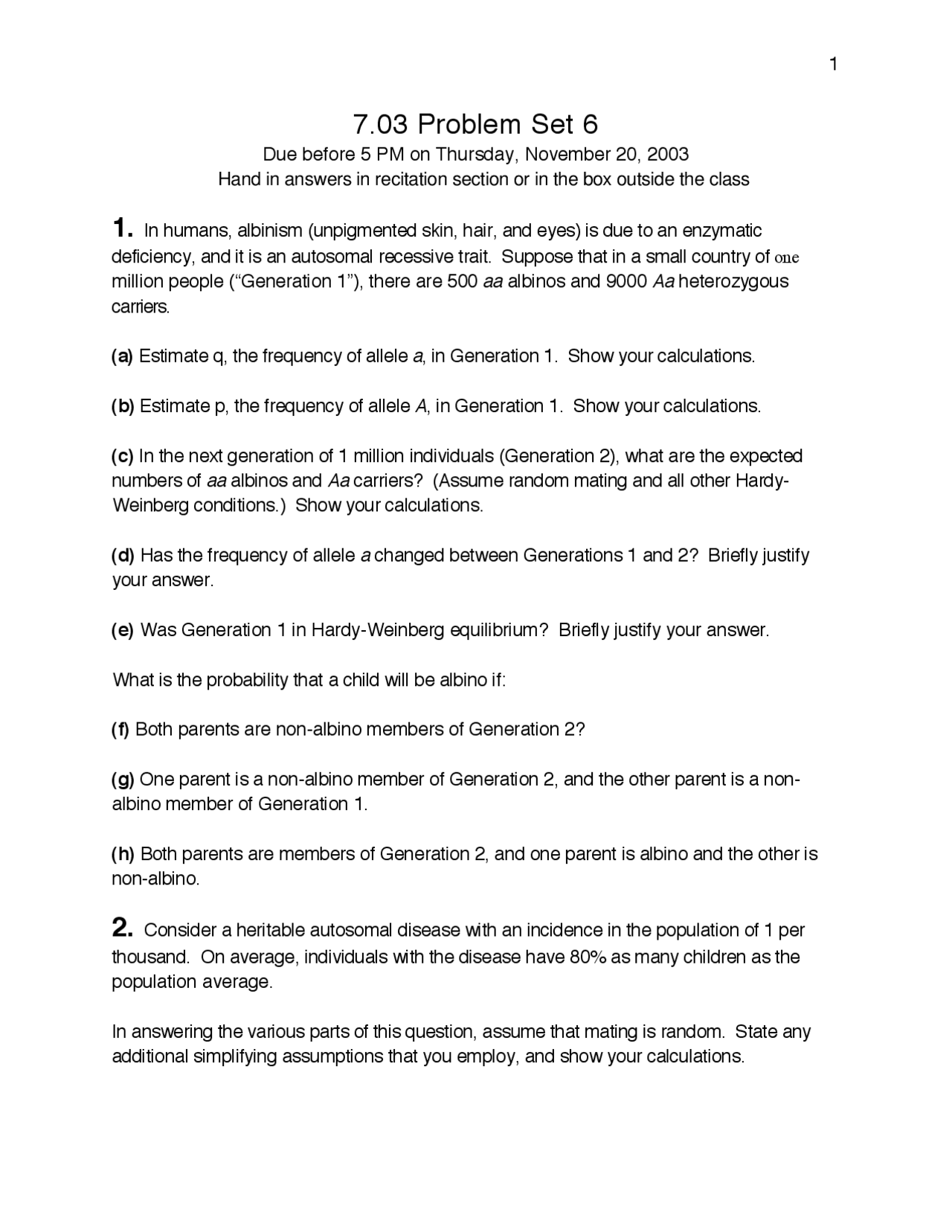 Genetics Problem Set 6 Three Questions To Solve Docsity