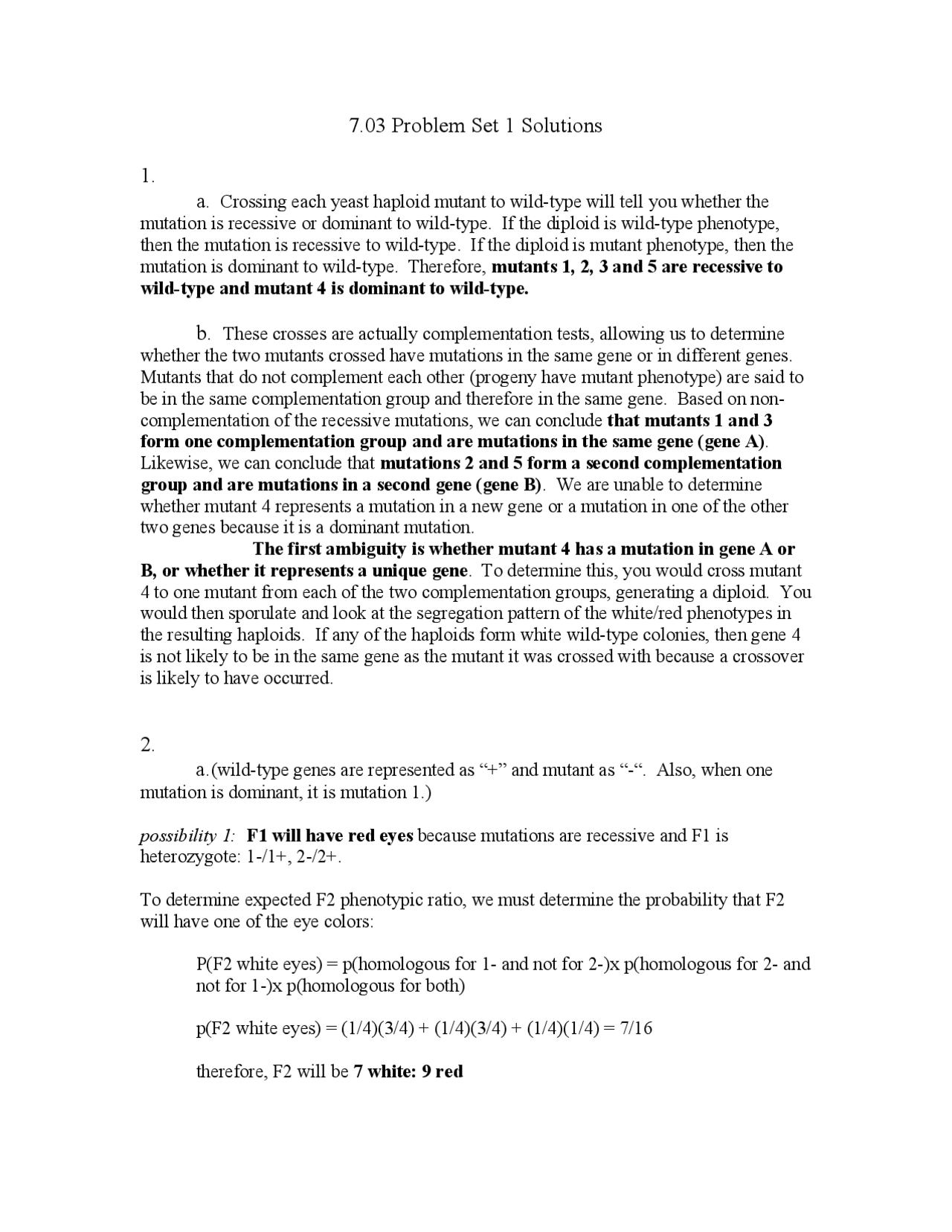 Genetics Problem Set 1 Solutions Docsity