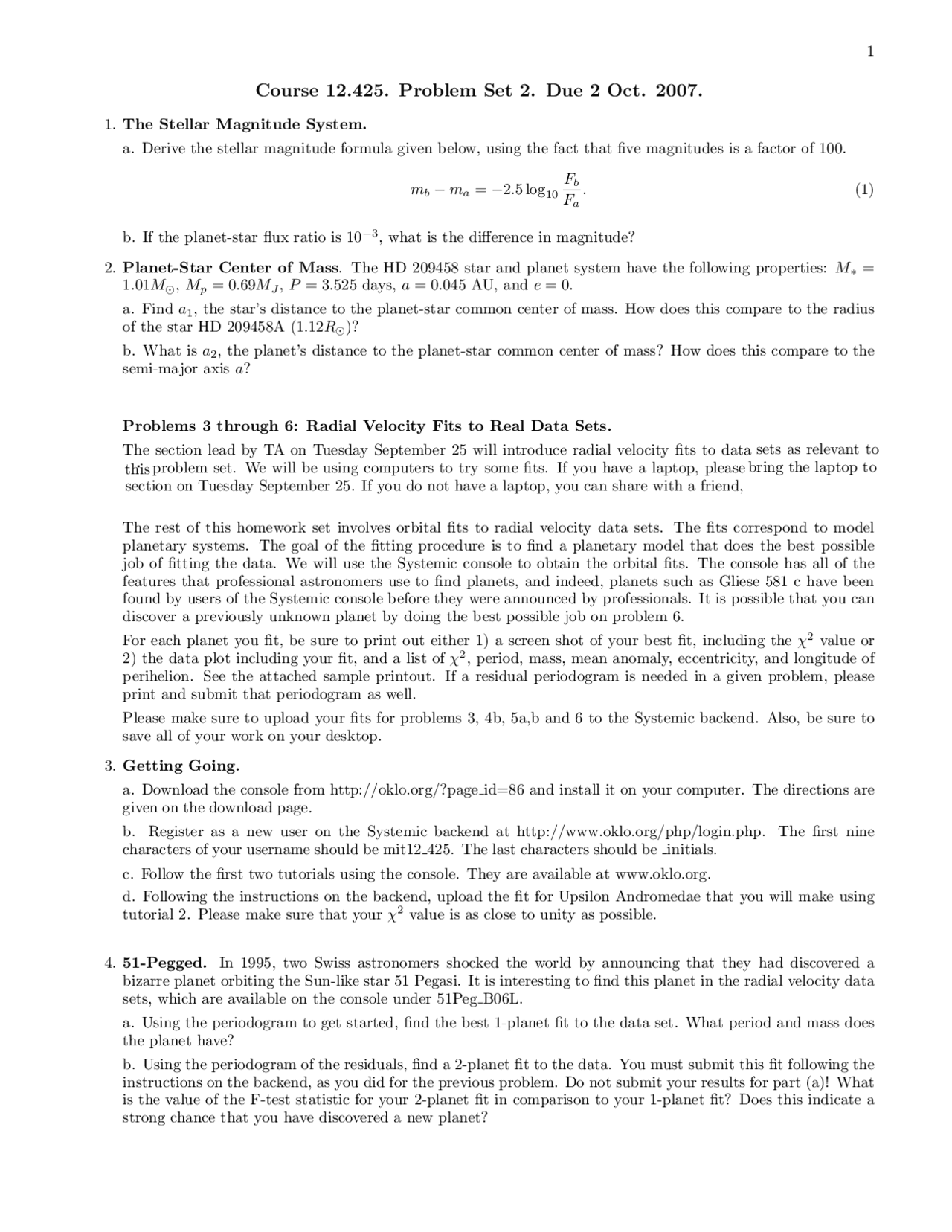 Extrasolar Planets Physics And Detection Techniques Problem Set 2