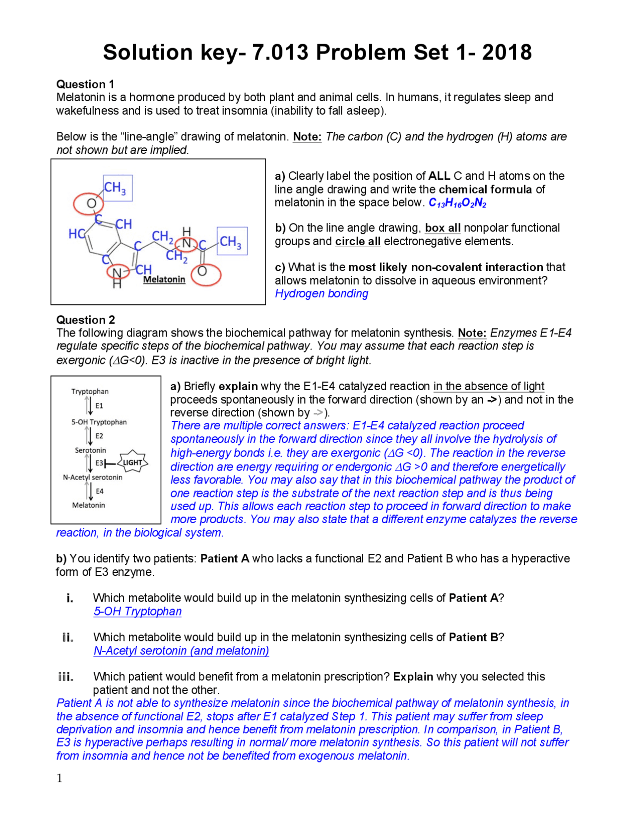 Introductory Biology Solutions Key to Problem Set 1 | Exercises ...