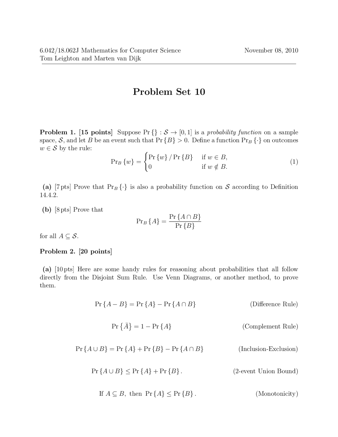 Mathematics For Computer Science Problem Set 10 Docsity