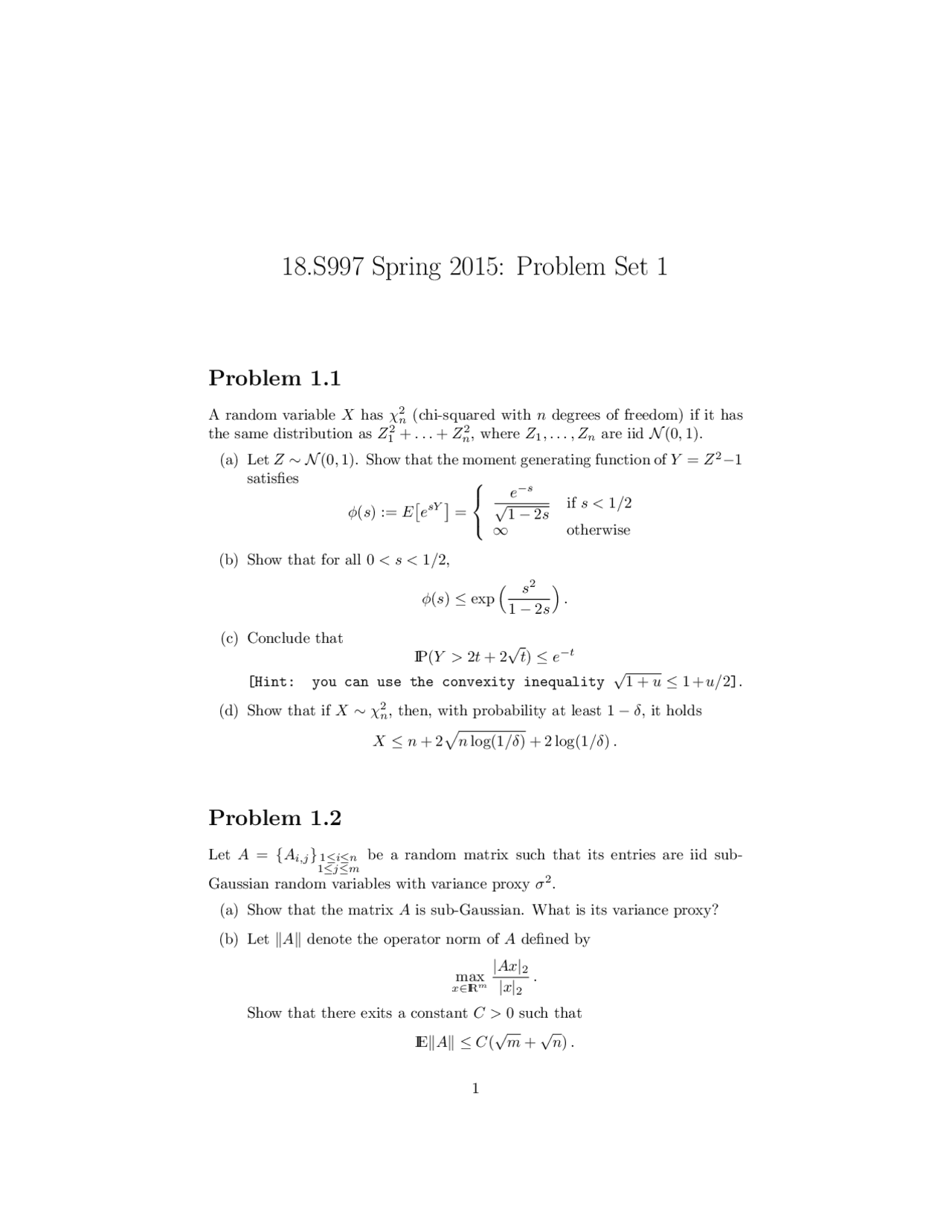 High Dimensional Statistics Problem Set 1 Docsity