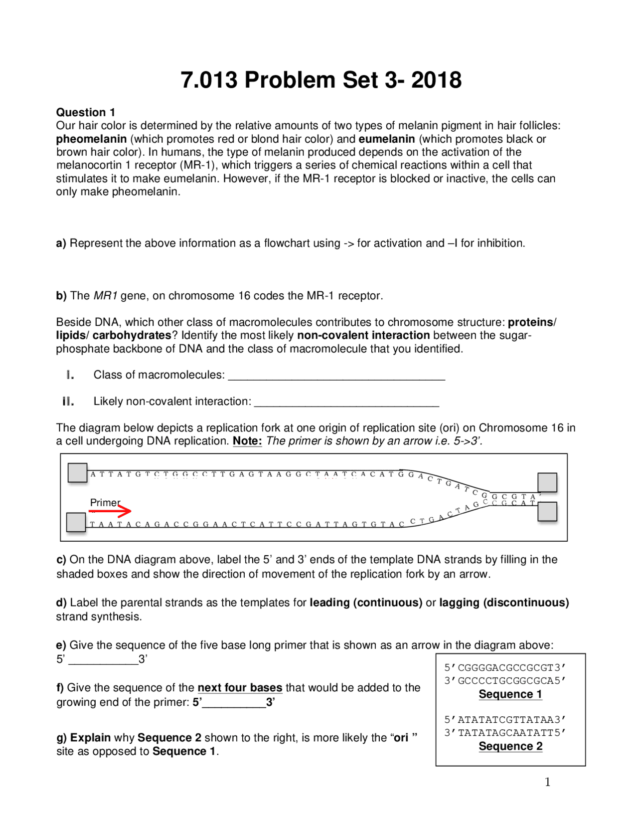 Introductory Biology Problem Set 3 Questions To Solve Docsity